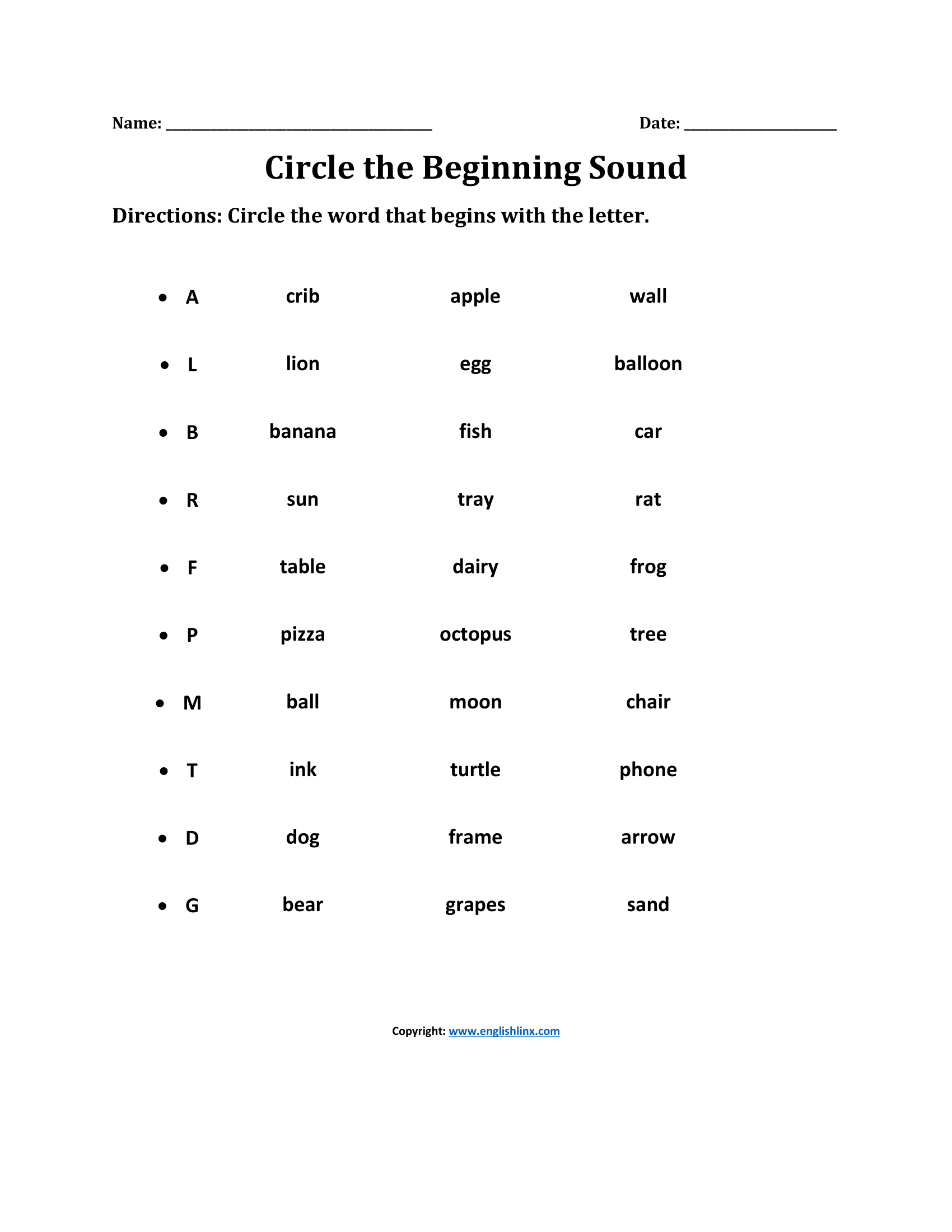 Kindergarten Writing Worksheets | Circle the Beginning Sound Worksheet