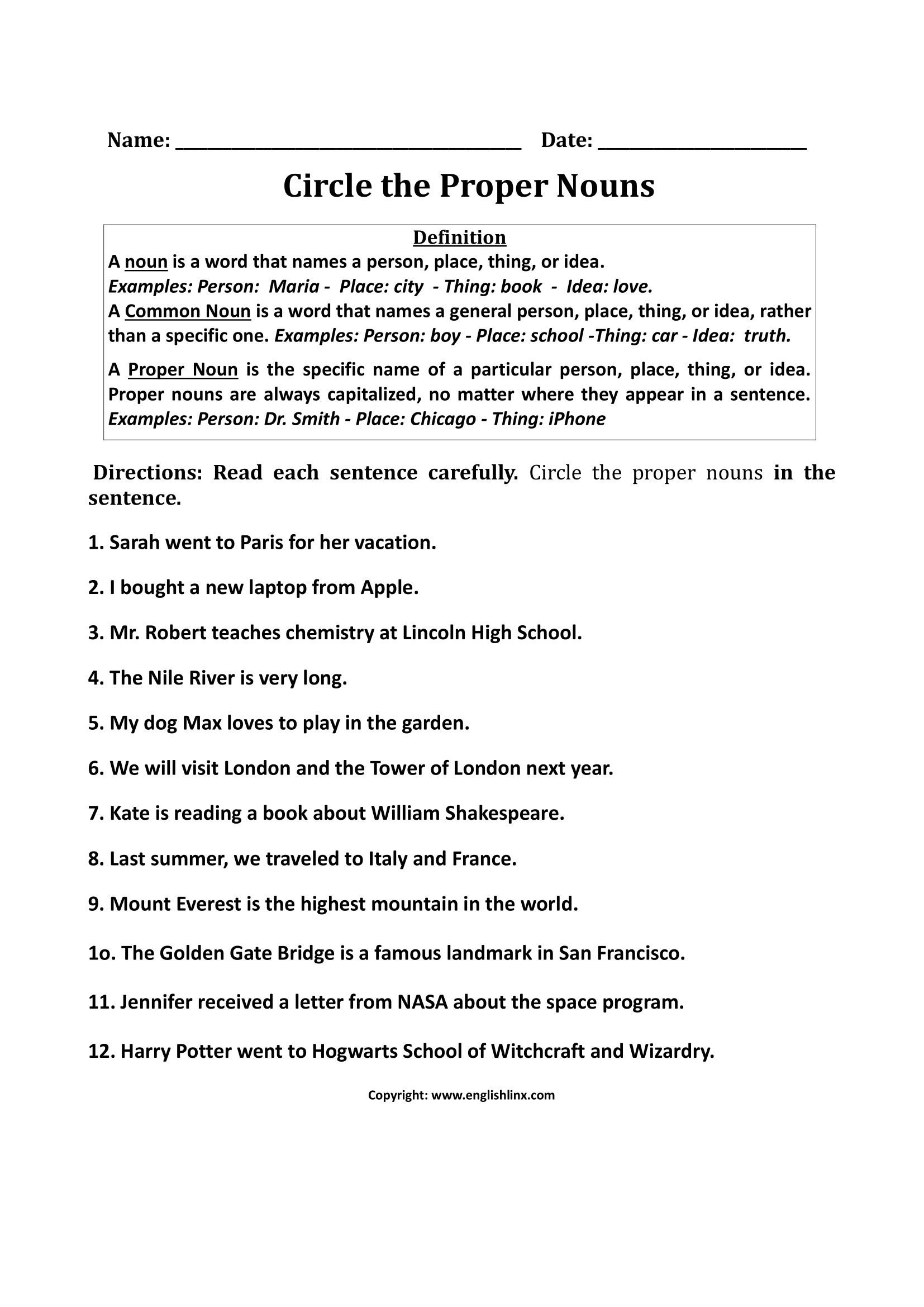 Proper and Common Nouns Worksheets | Circle the Proper Nouns Worksheet