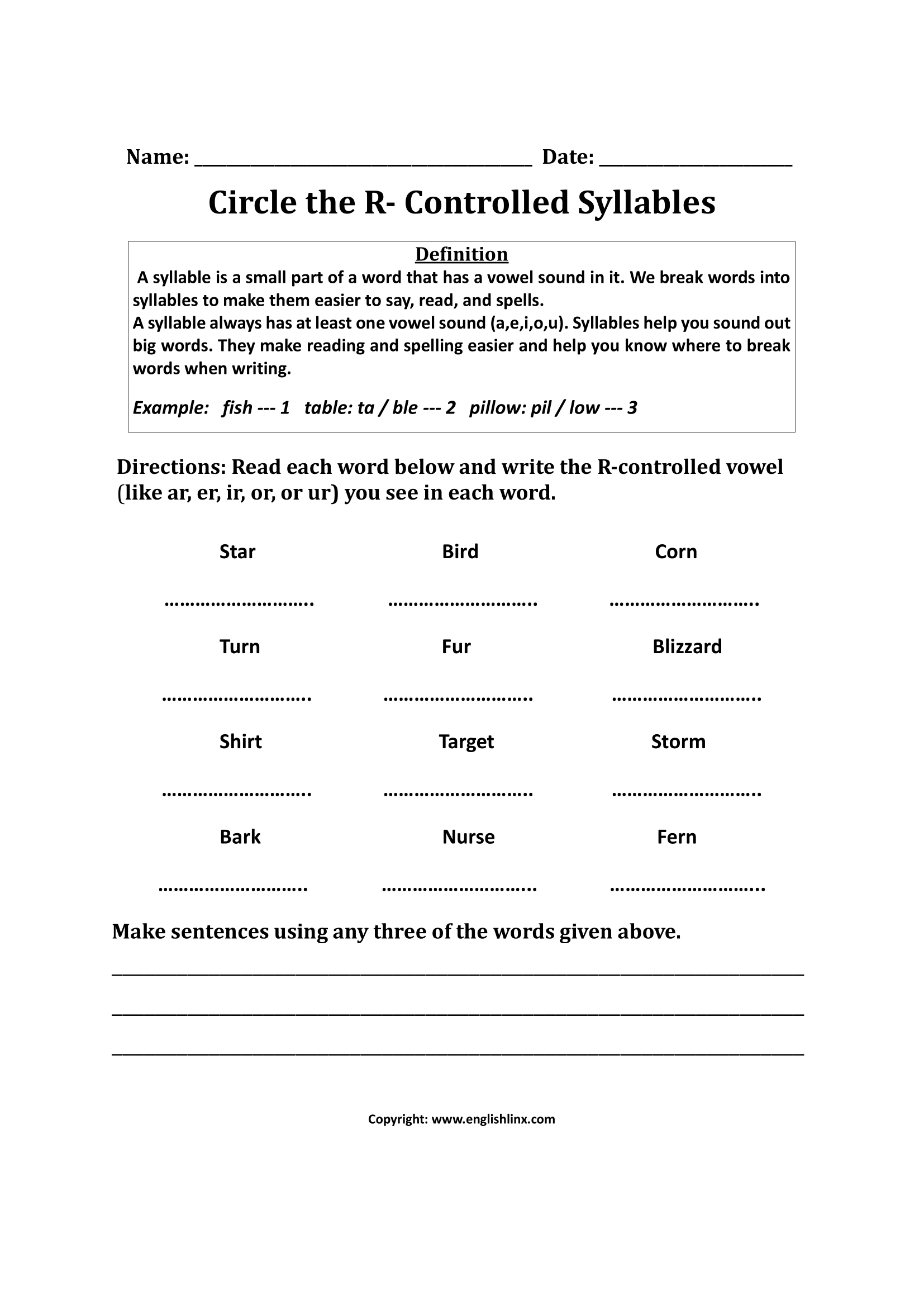 Syllables Worksheets | Circle the R-Controlled Syllables Worksheet