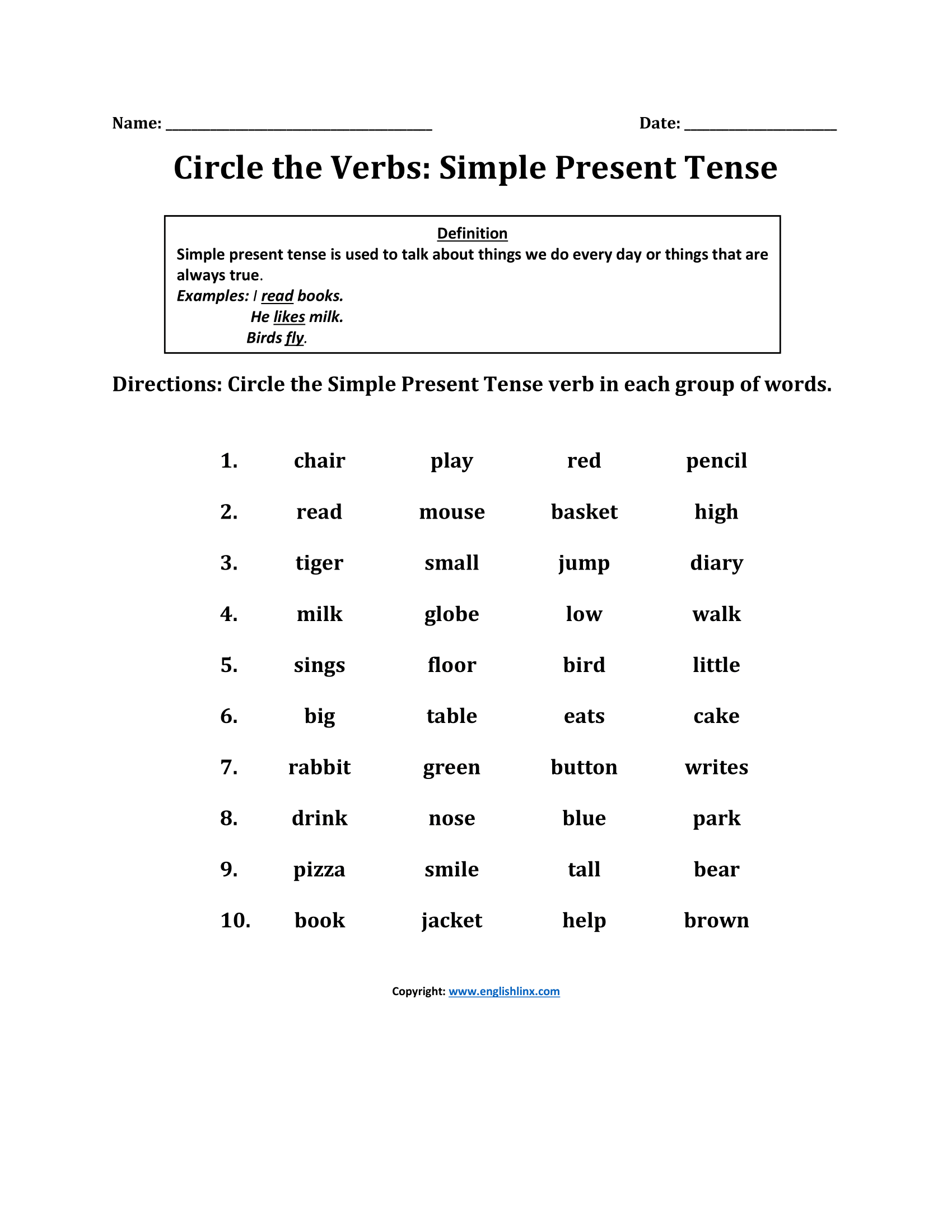Simple Present Tense Worksheet | Circle the Verbs