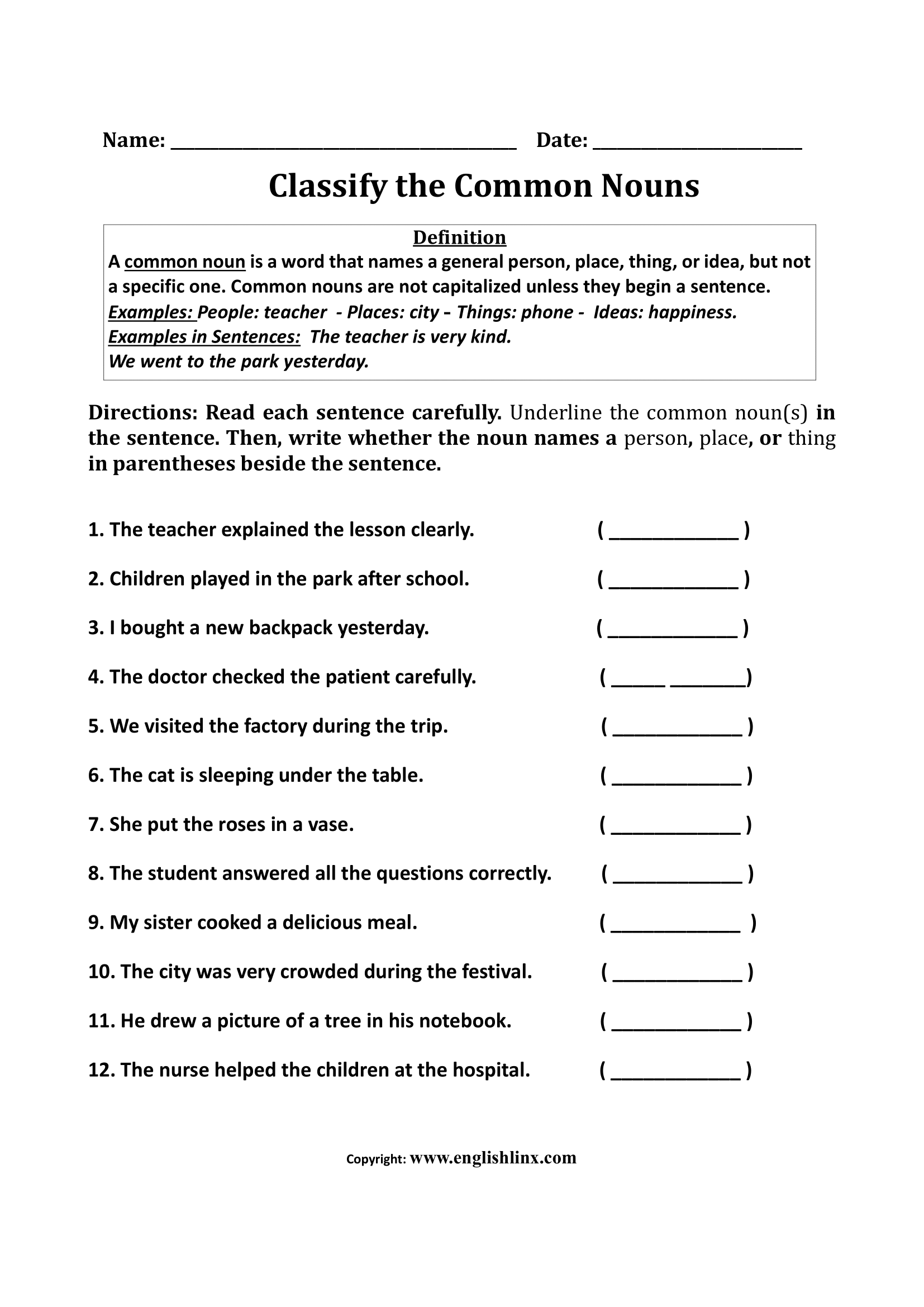 Common Noun Worksheets | Classify the Common Nouns Worksheet
