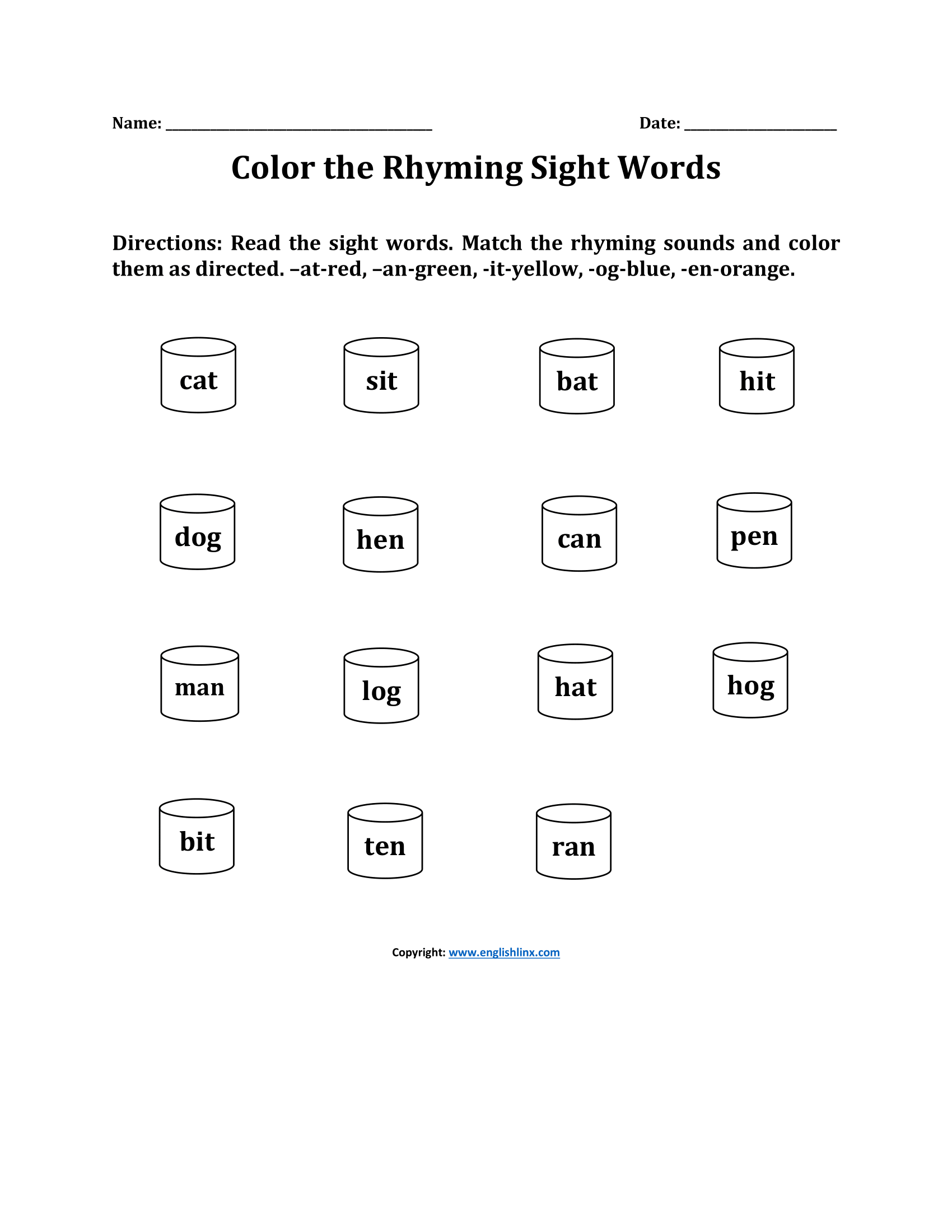 First Grade Sight Words Worksheets | Color the Rhyming Sight Words