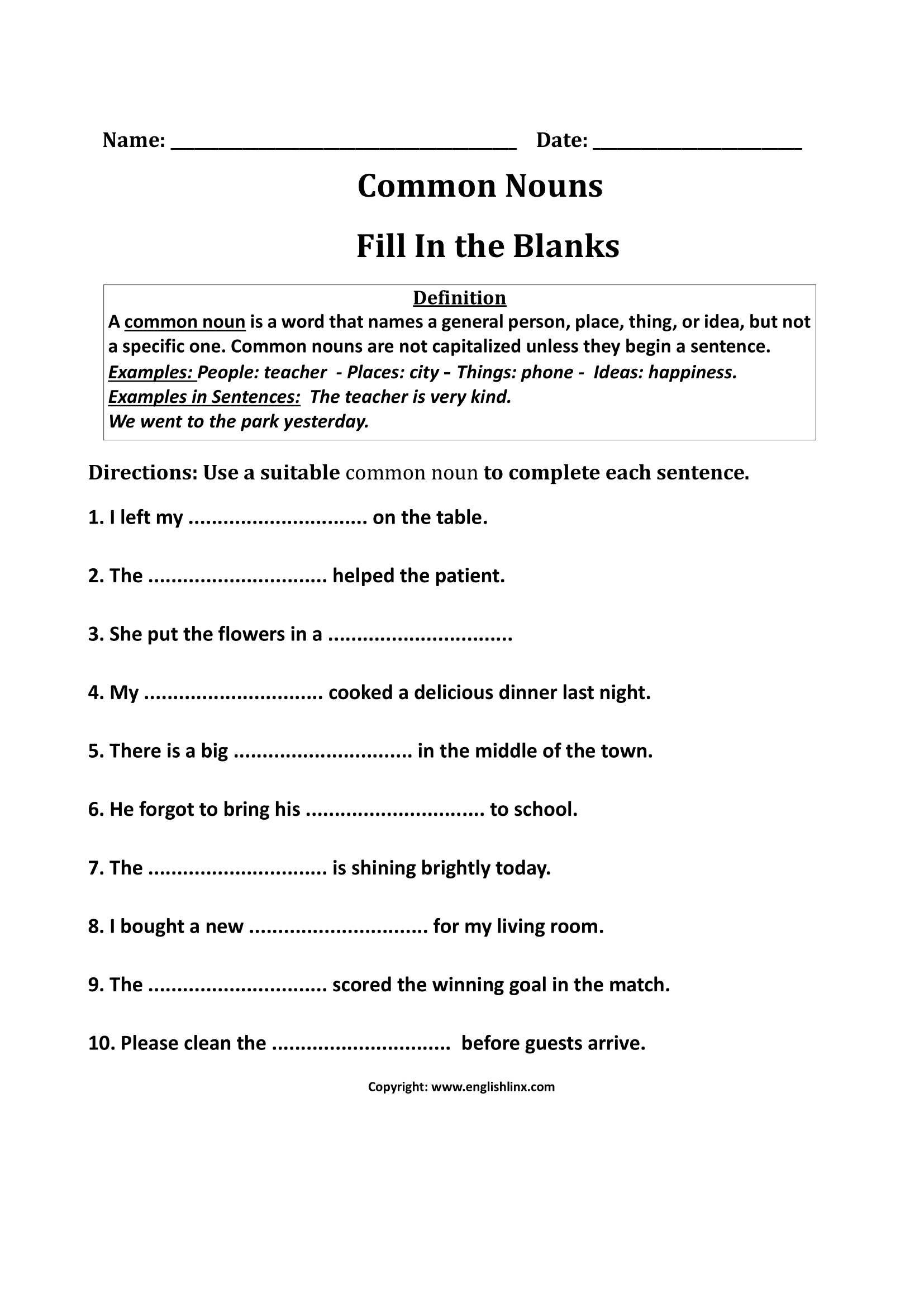 Common Noun Worksheets | Common Nouns Fill in the Blanks Worksheet