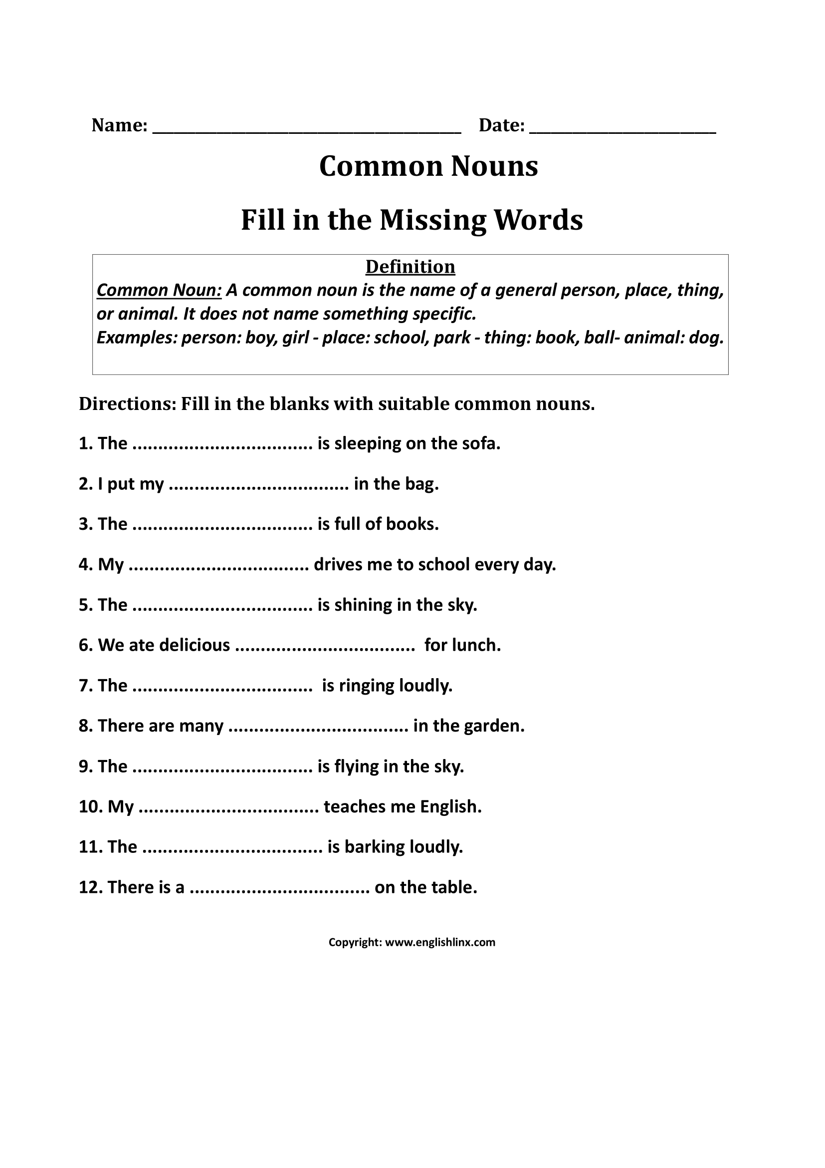Common Noun Worksheets | Fill in the Missing Words with Common Nouns ...