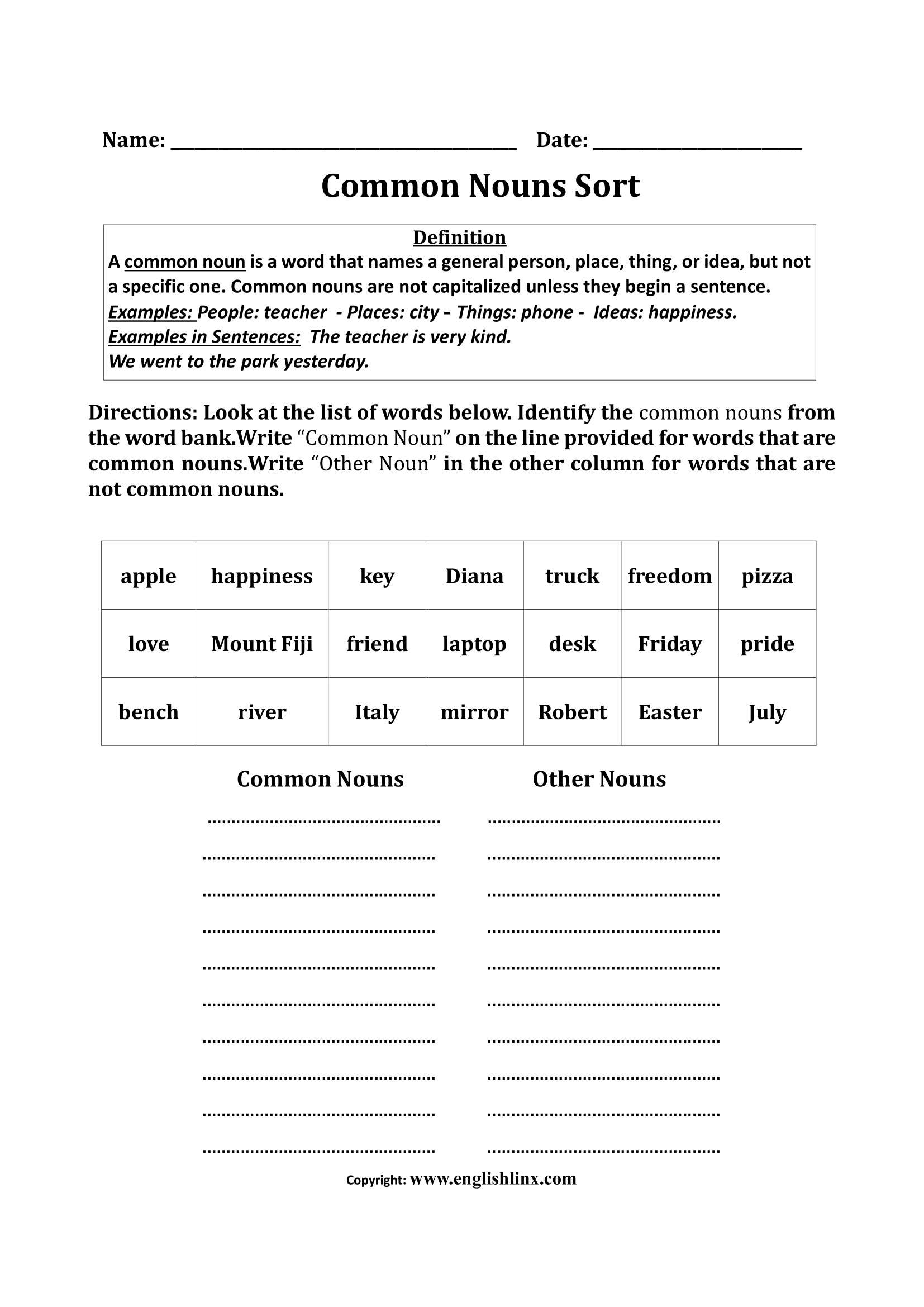 Common Noun Worksheets | Common Nouns Sorting Worksheet