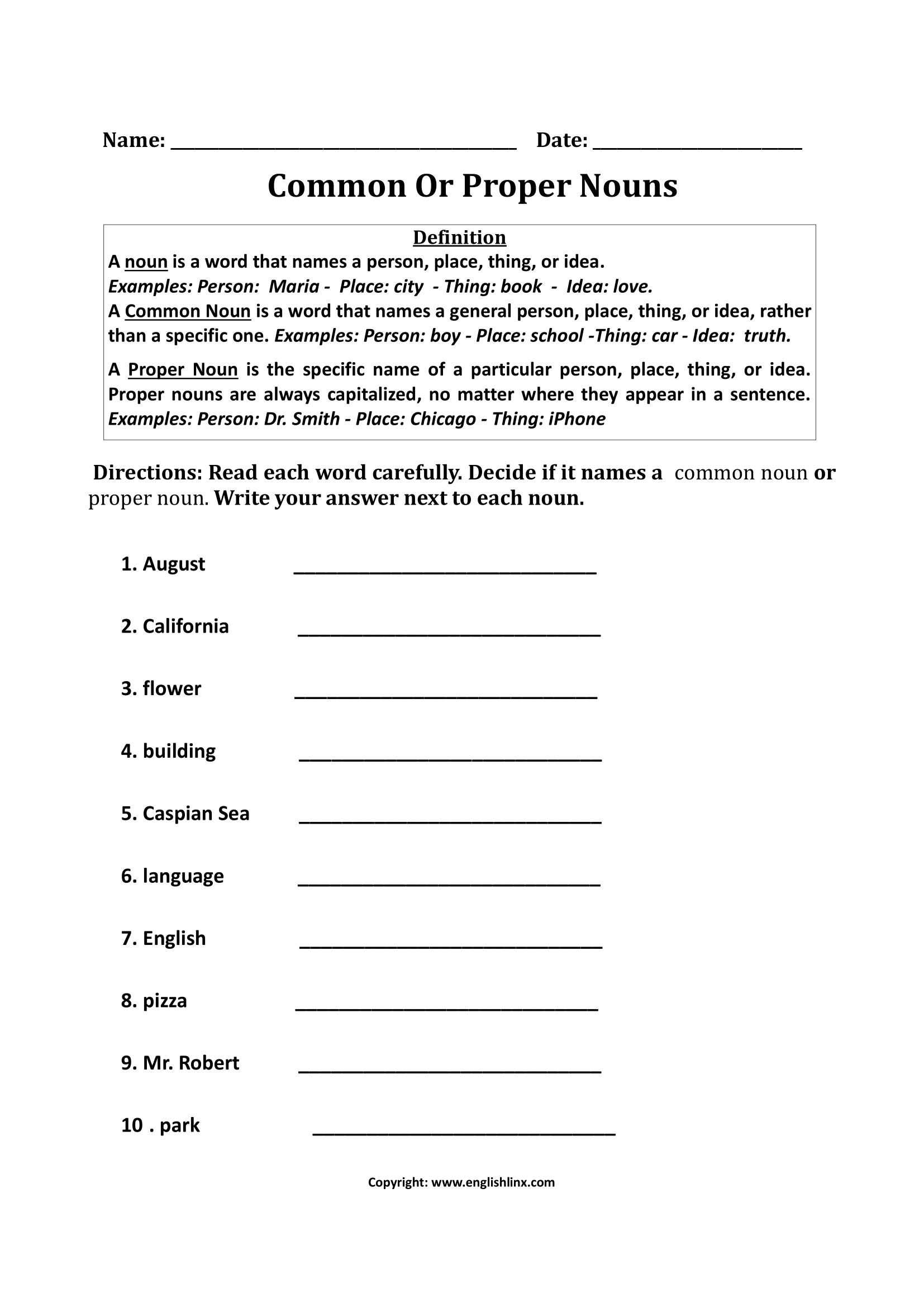 Common And Proper Nouns Worksheet With Answers Proper Noun Worksheets