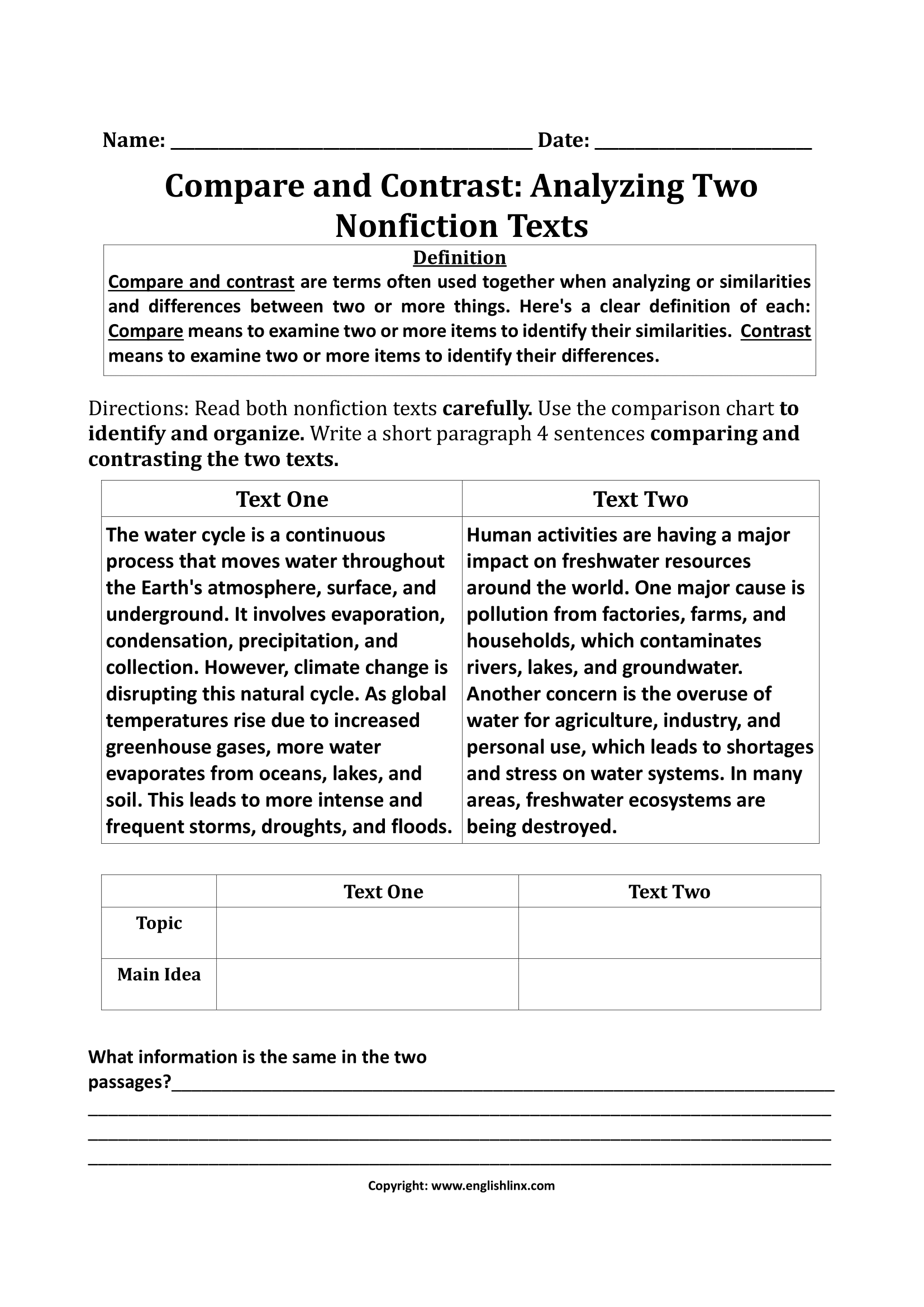 Compare and Contrast Worksheets | Compare and Contrast Nonfiction Texts
