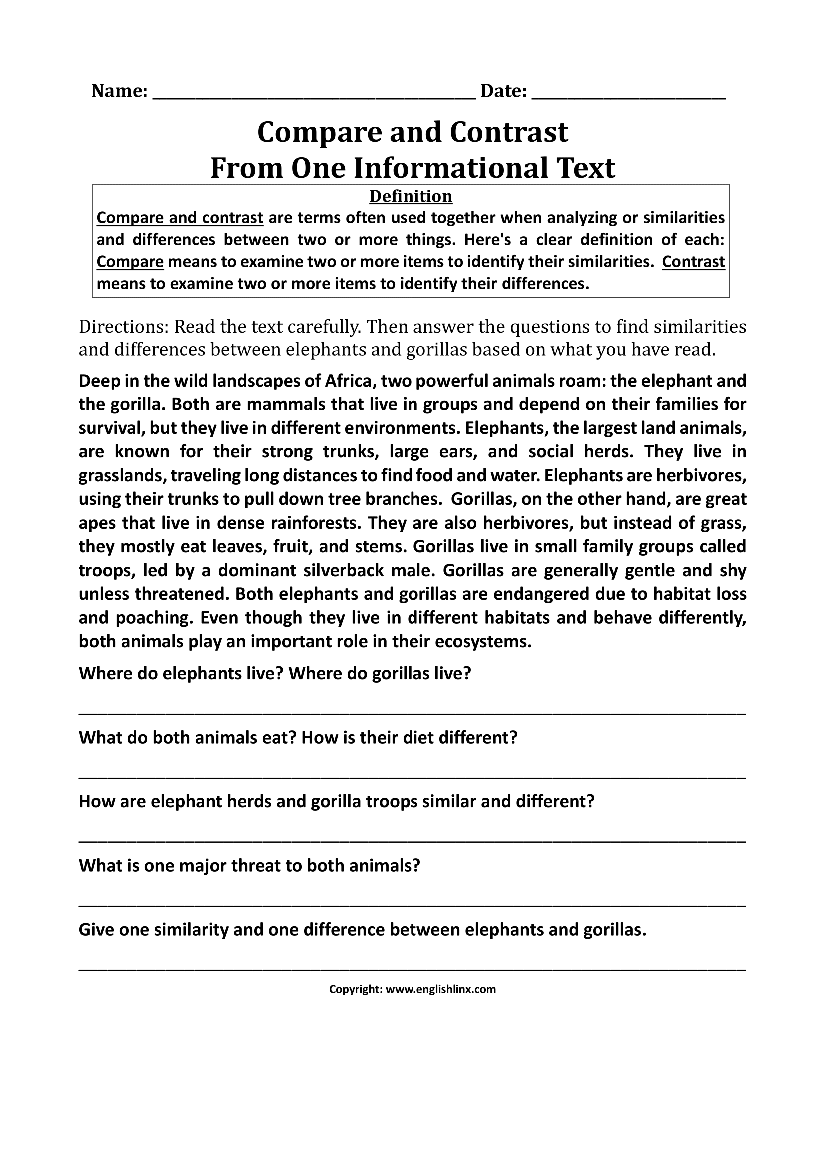 Compare and Contrast Worksheets | Printable Practice for Grades 4-9