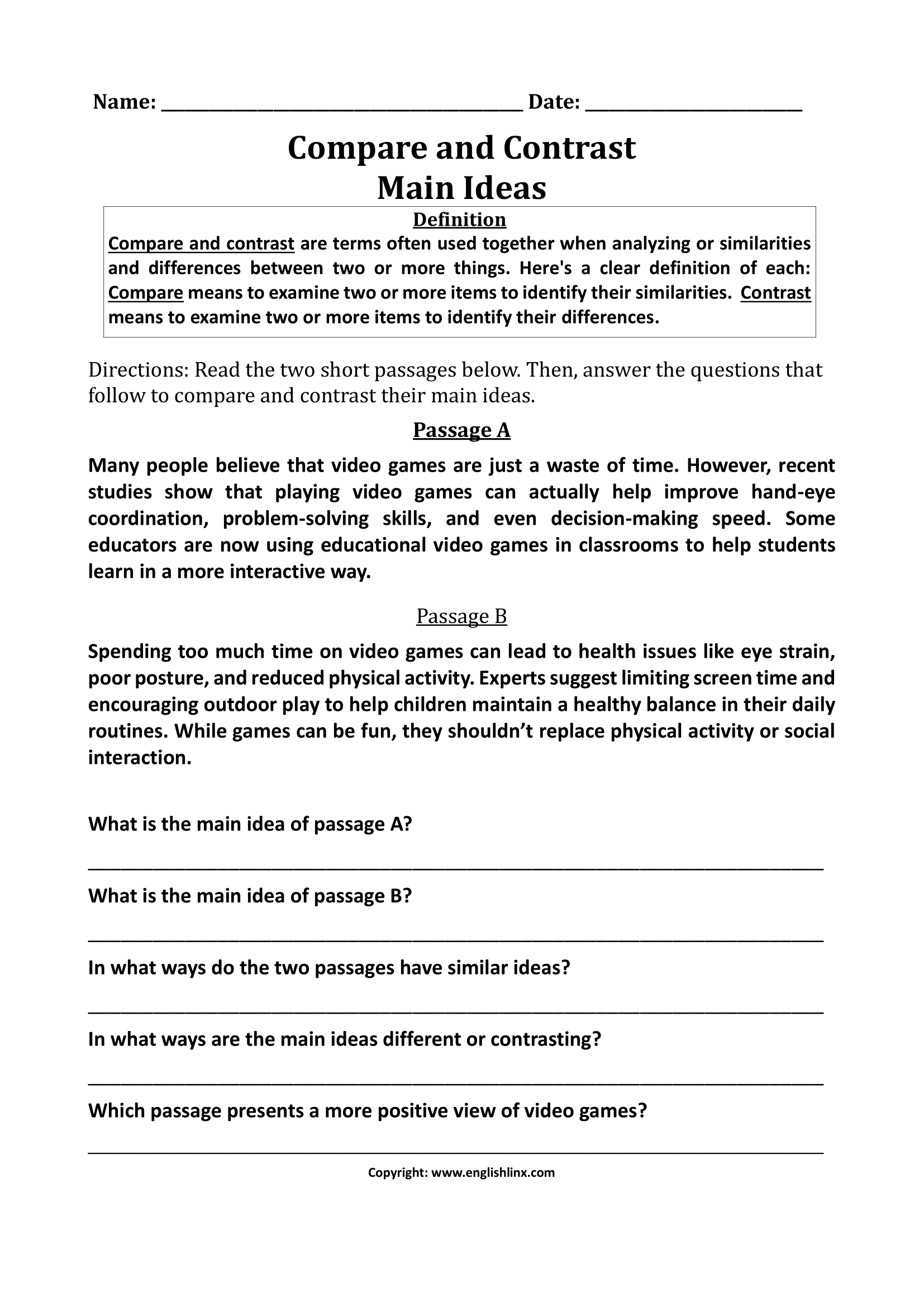 Compare and Contrast Worksheets | Main Ideas Worksheet