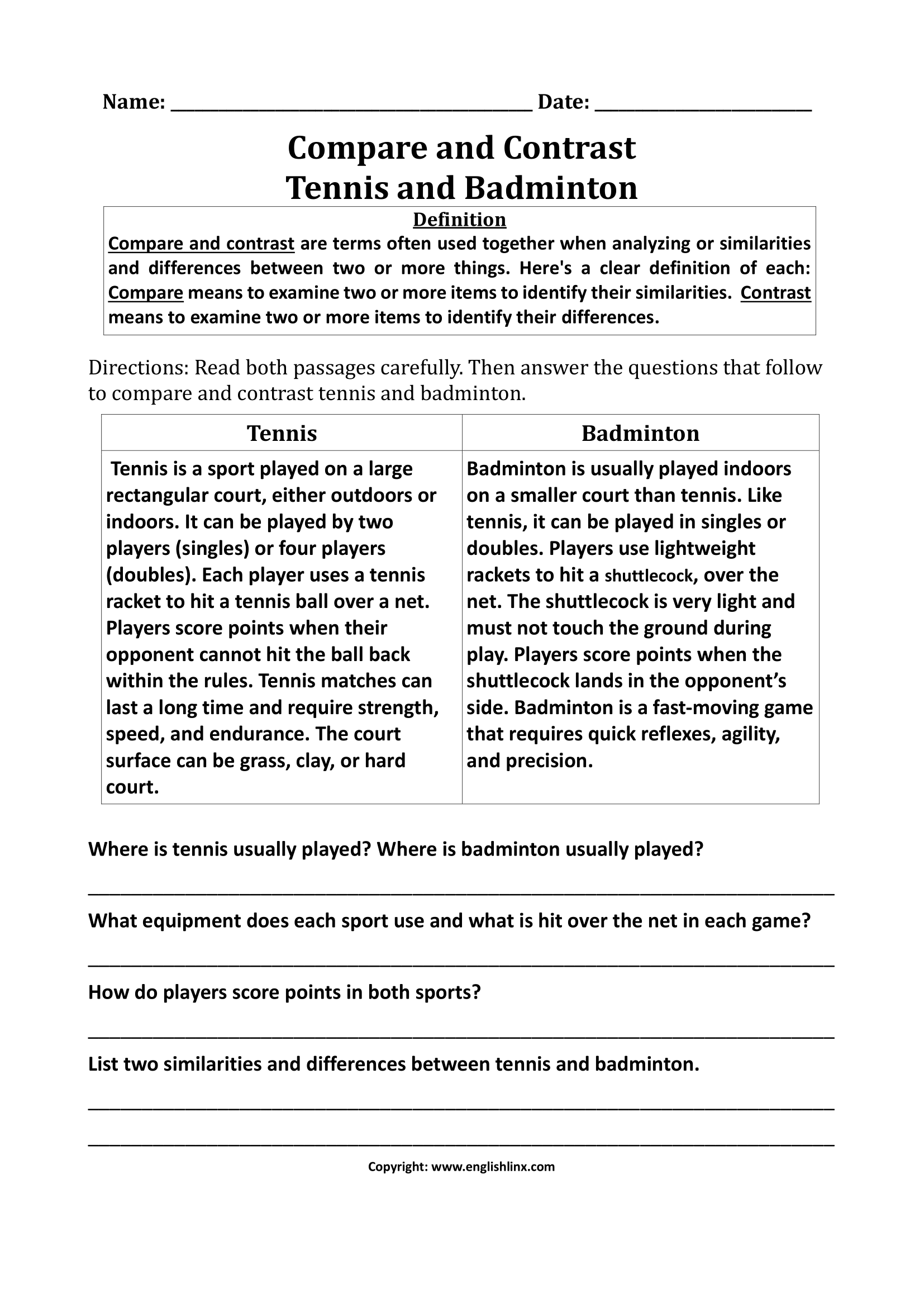 Compare and Contrast Worksheets | Printable Practice for Grades 4-9