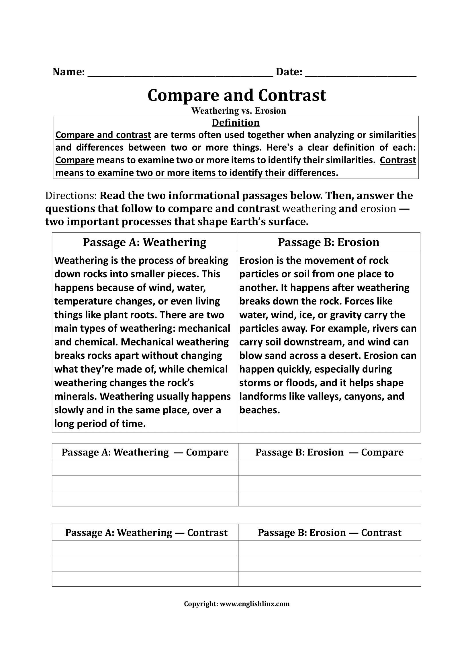 Compare and Contrast Worksheets | Weathering vs. Erosion Worksheet