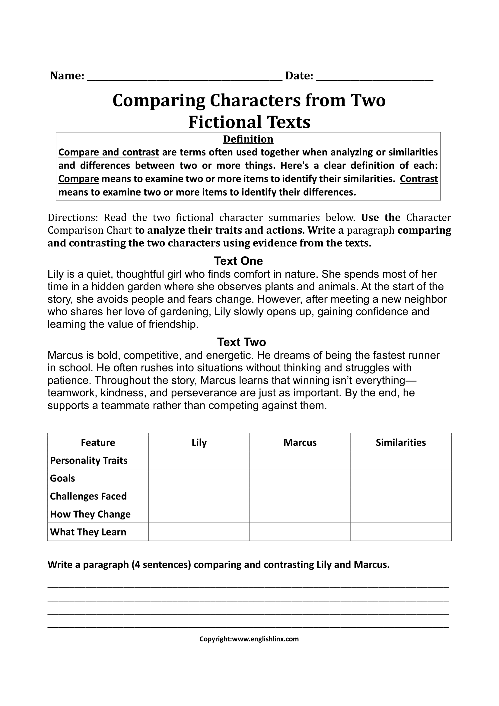 Compare and Contrast Worksheets | Comparing Characters Worksheet