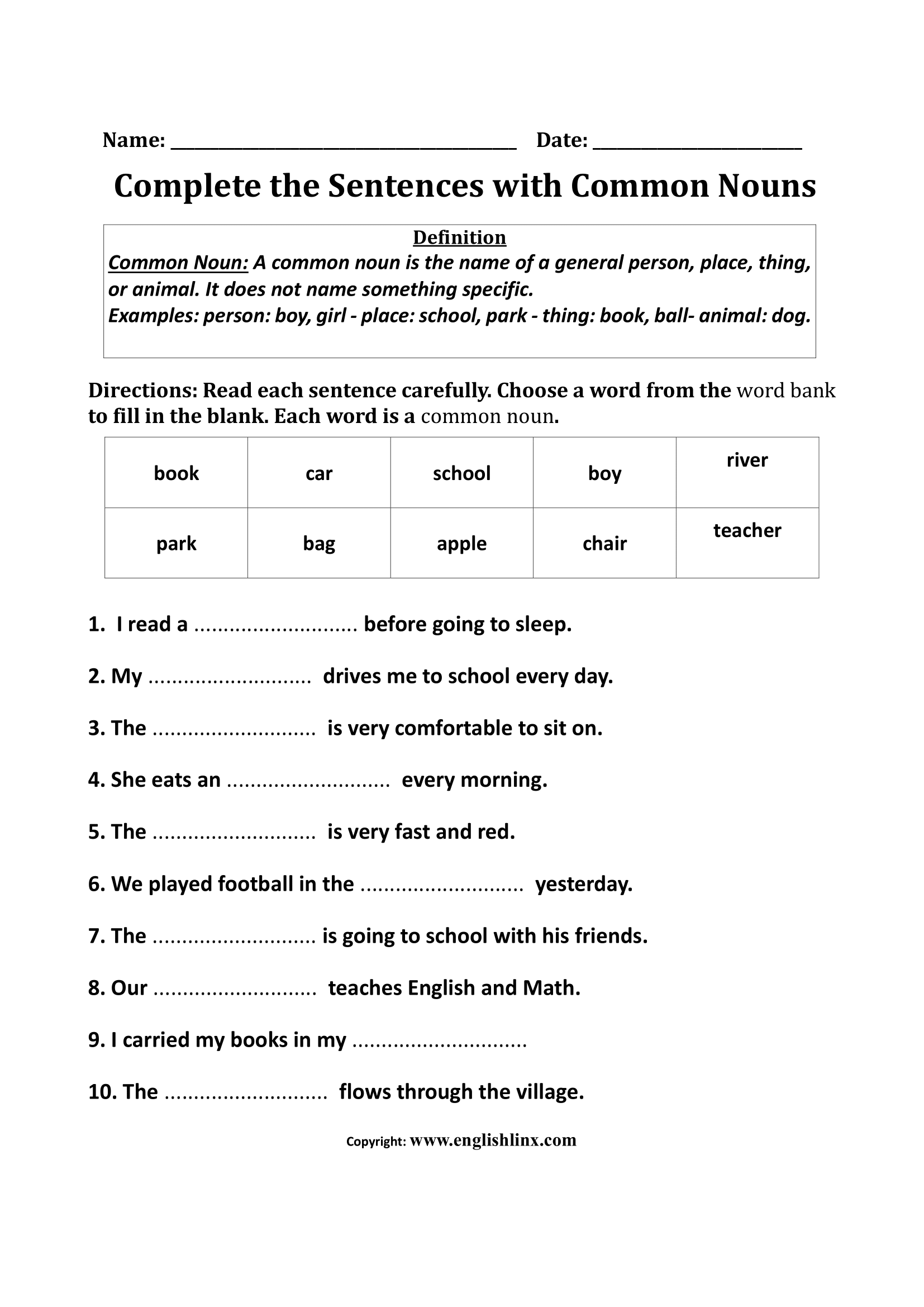 Common Nouns Worksheets | Printable Grammar Practice