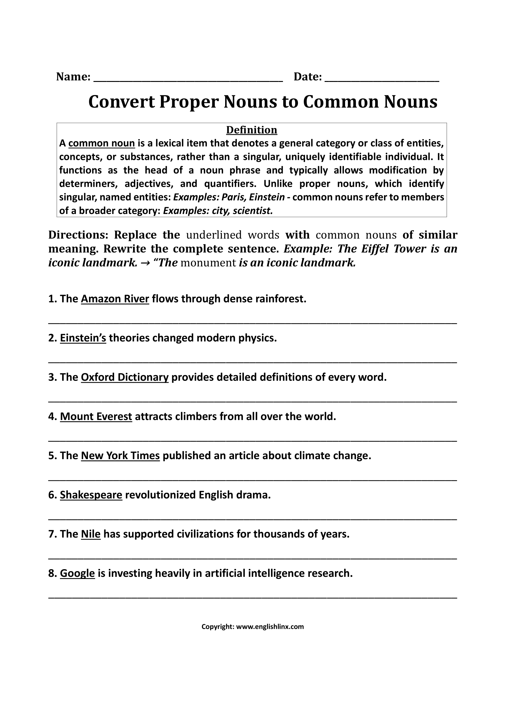 Common Noun Worksheets | Convert Proper Nouns to Common Nouns Worksheet