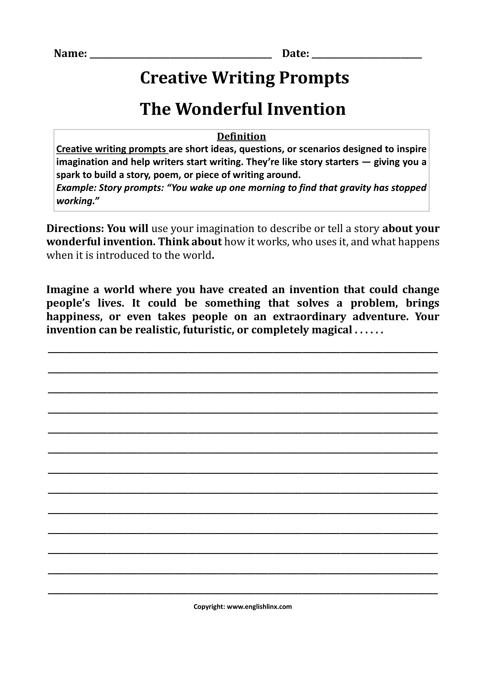 Wonderful Invention Creative Writing Worksheets