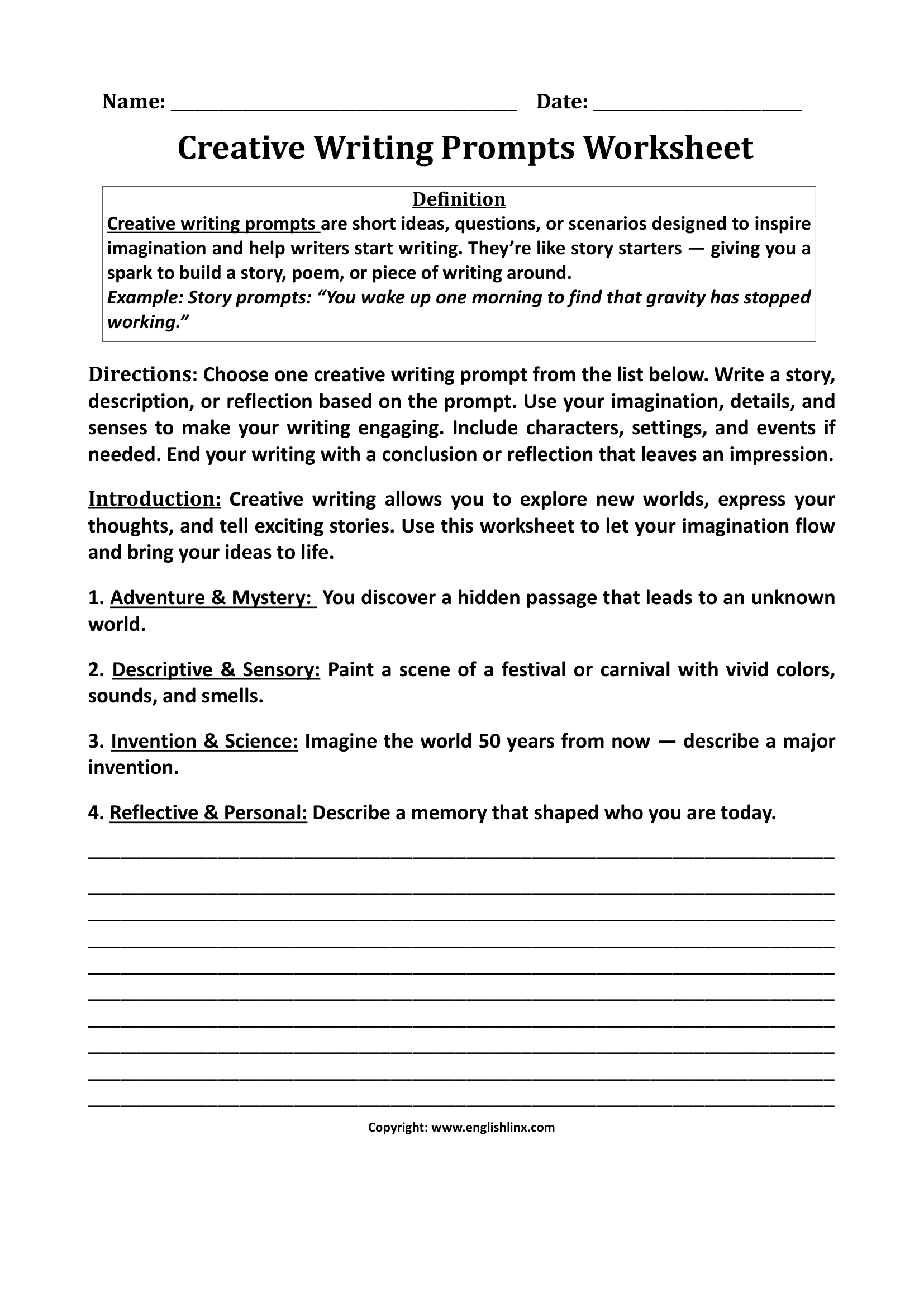 Creative Writing Prompt Worksheet