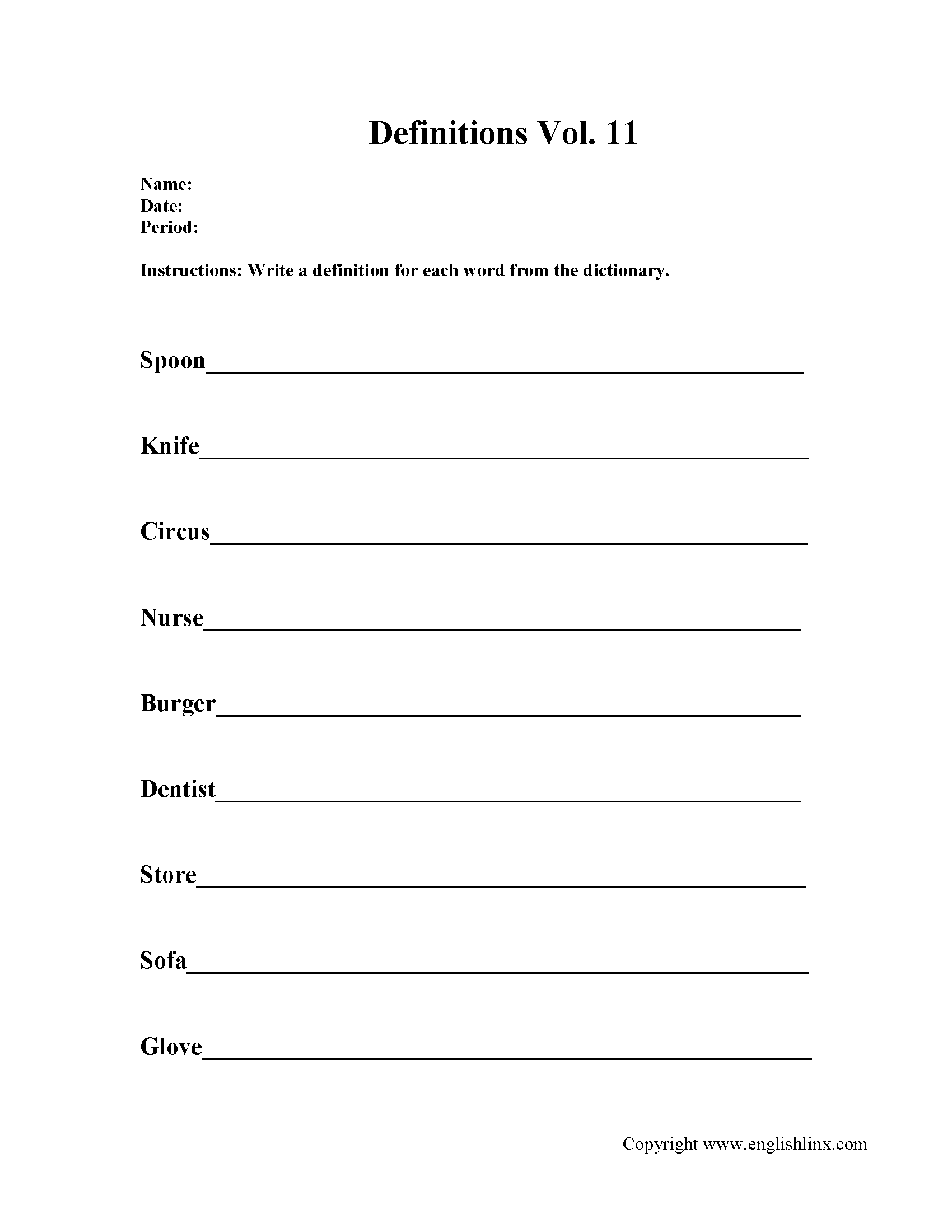 Englishlinx Writing Definition Worksheets