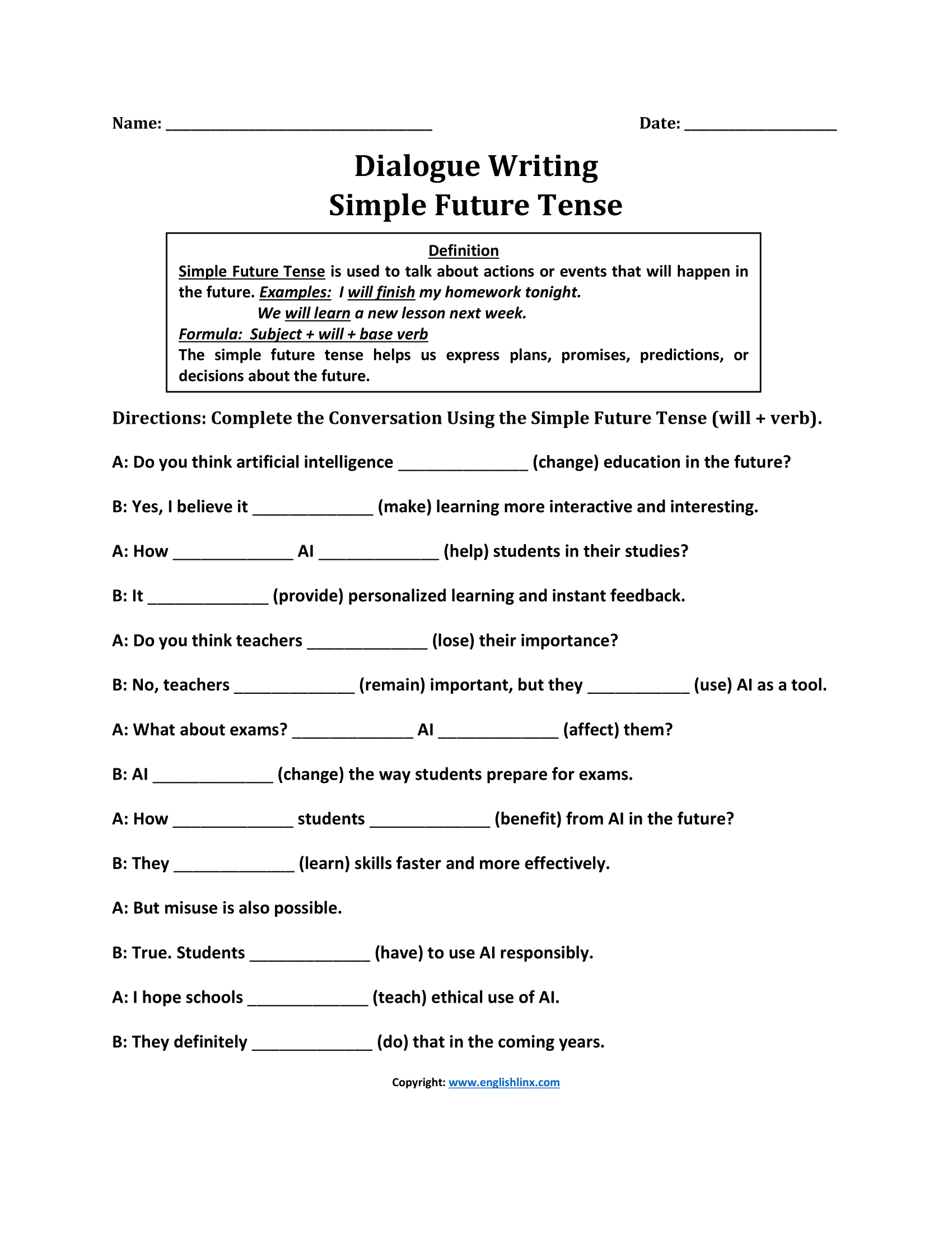 Dialogue Writing Simple Future Tense Worksheets