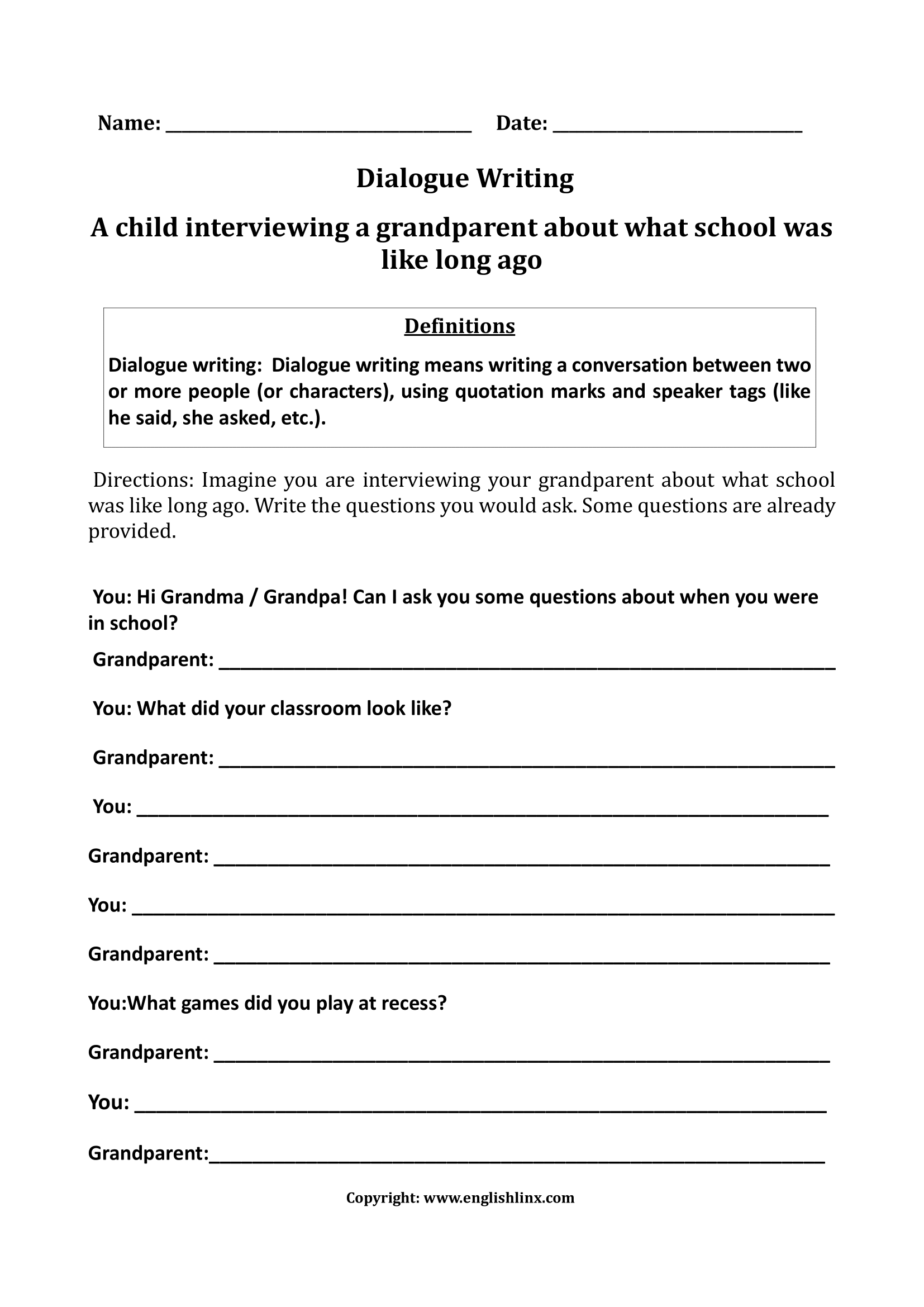 4th Grade Writing Worksheets | Dialogue Writing