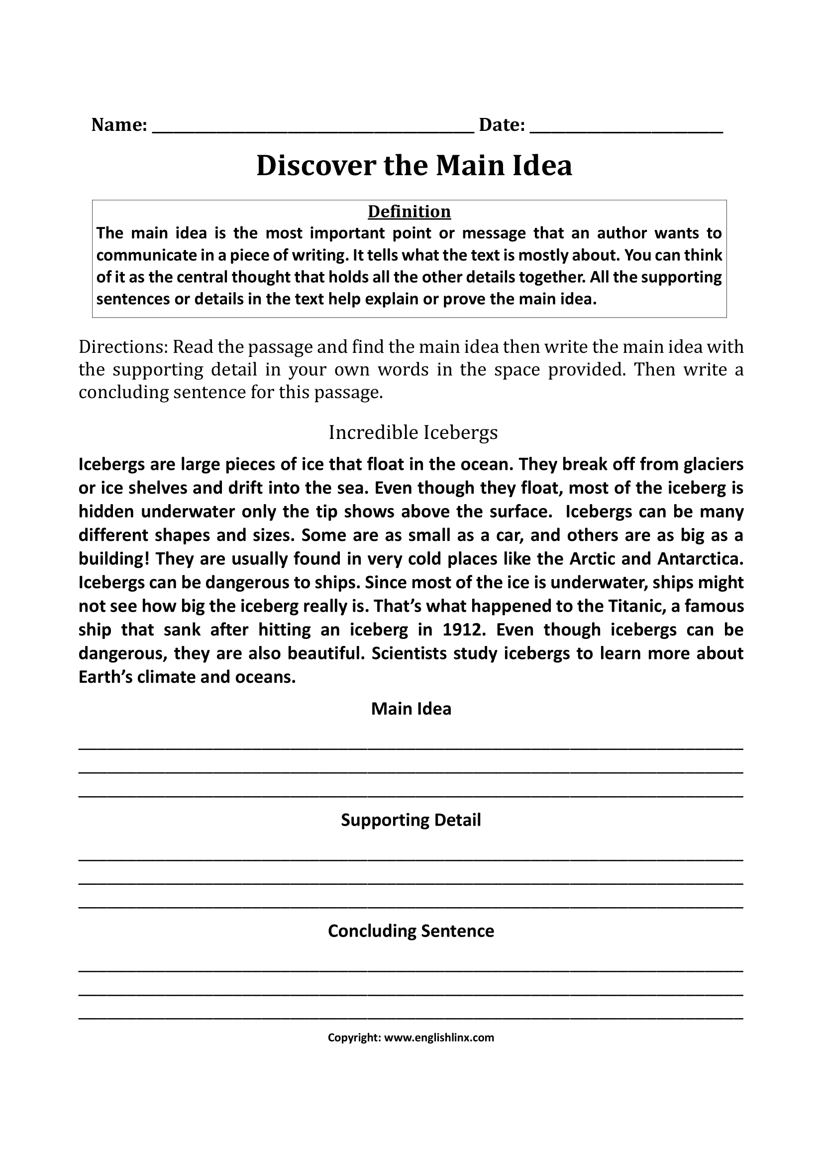 Main Idea Worksheets | Discover the Main Idea Worksheet