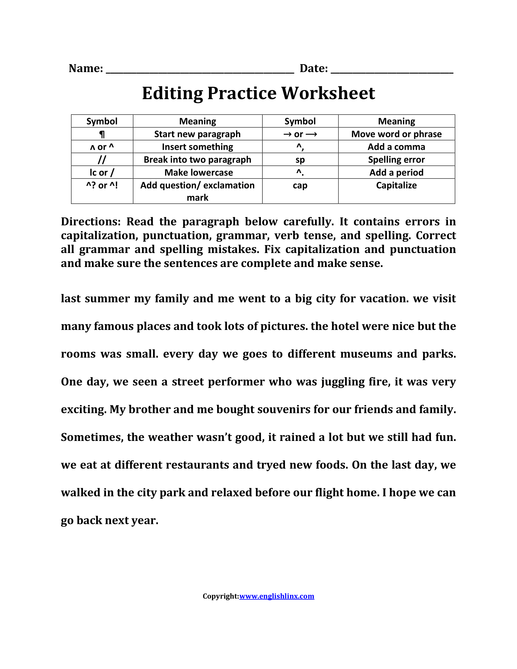 Editing Worksheets | Free Printable Editing and Proofreading Practice