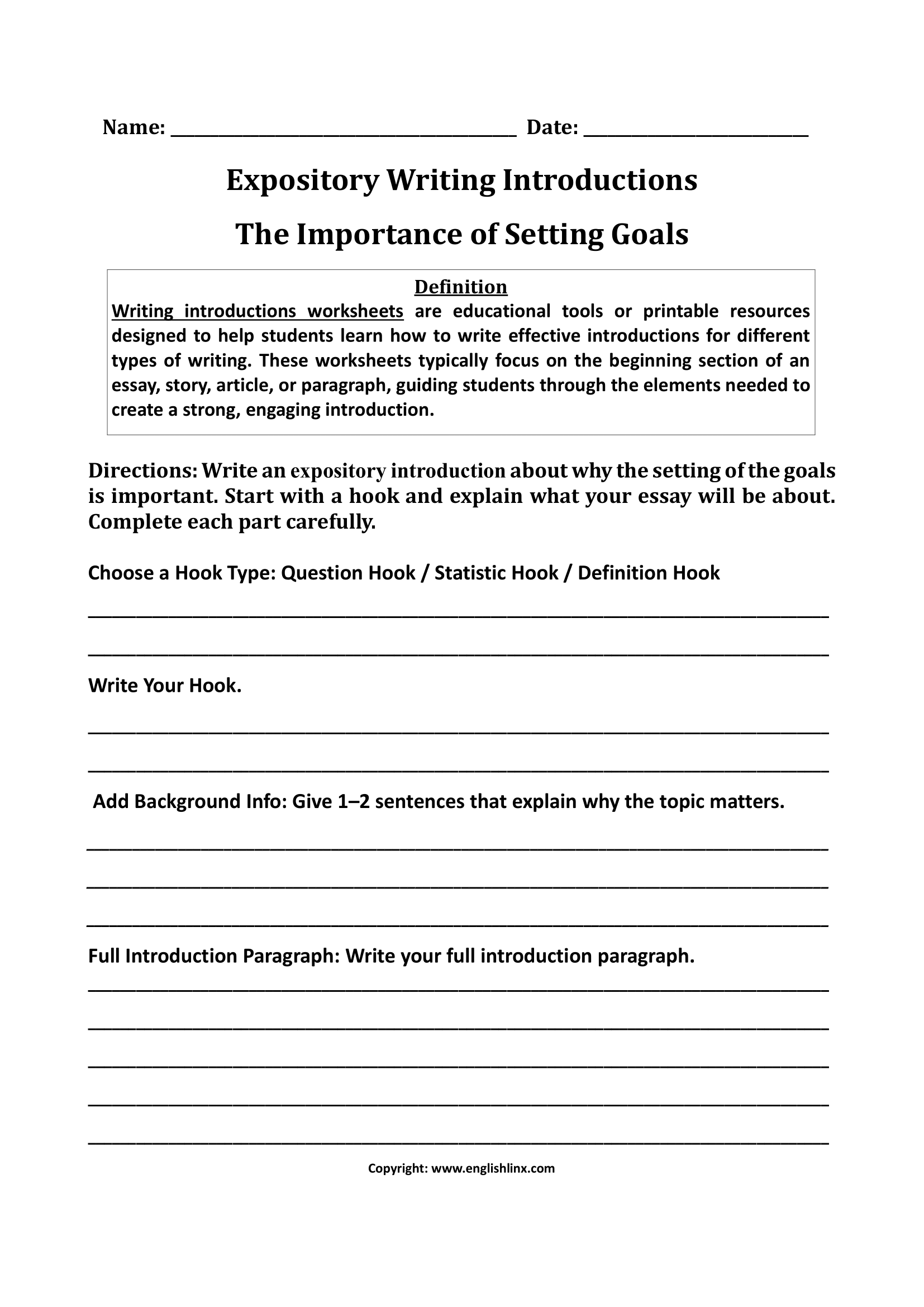 Writing Introductions Worksheets | The Importance of Setting Goals