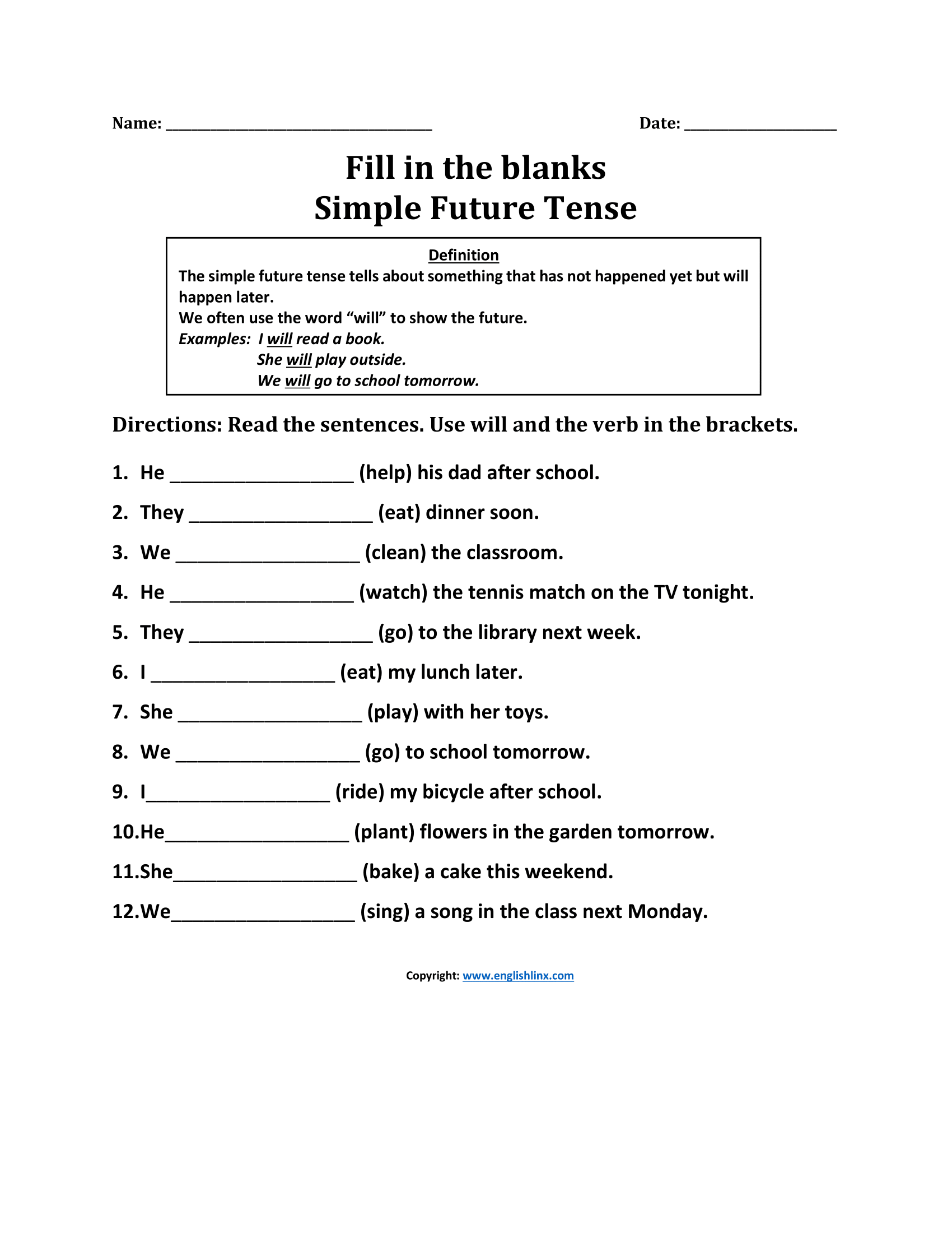 Fill in the Blanks - Simple Future Tense Worksheet