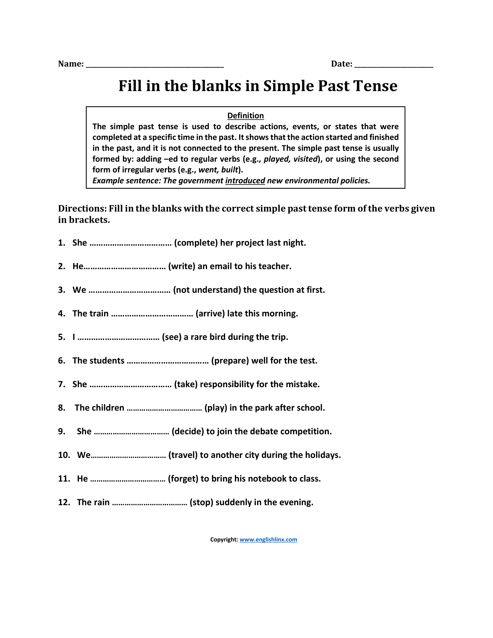 Simple Past Tense Worksheets (Free Printable PDFs) | Grades K–12