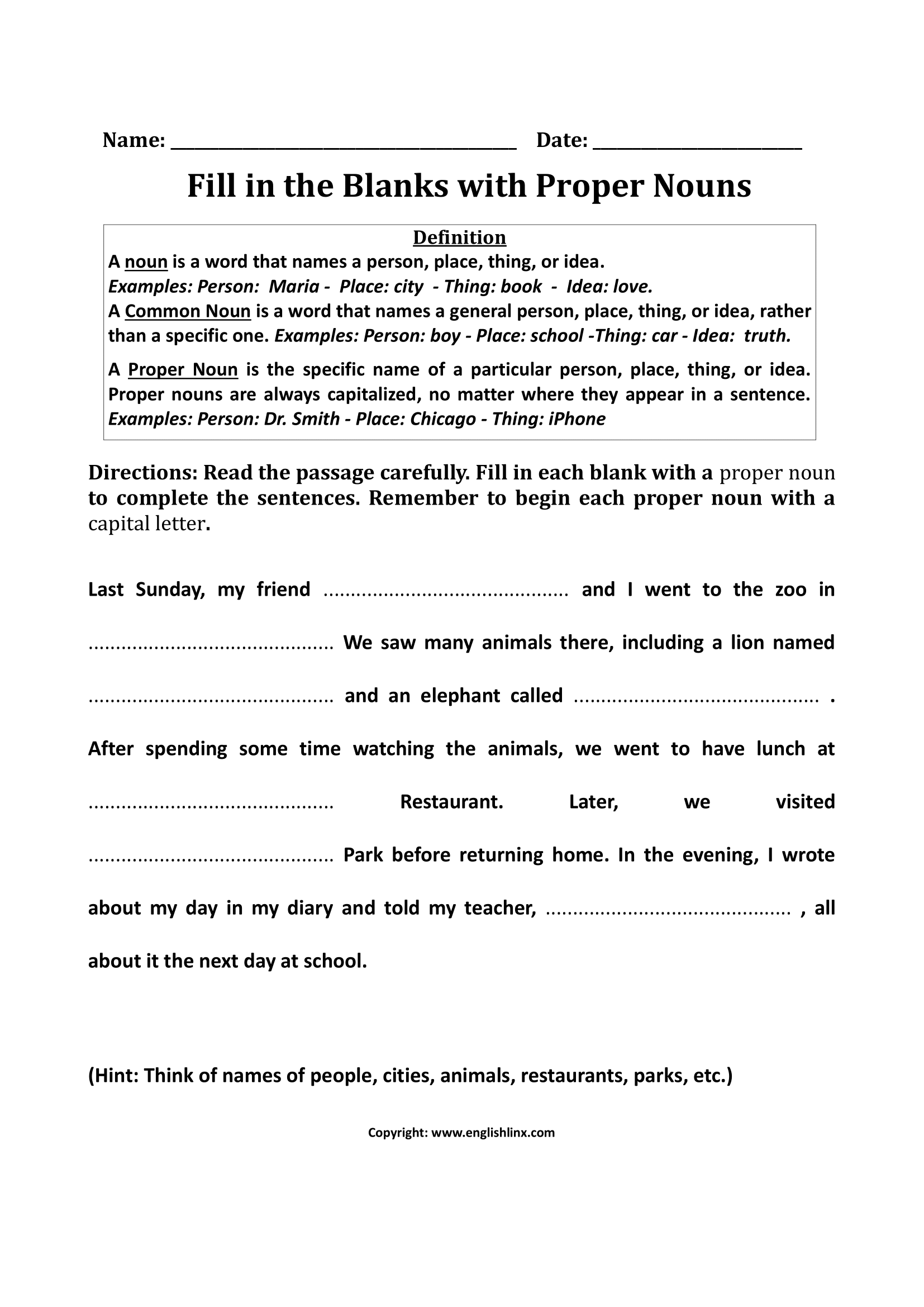 Nouns Worksheets | Proper and Common Nouns Worksheets