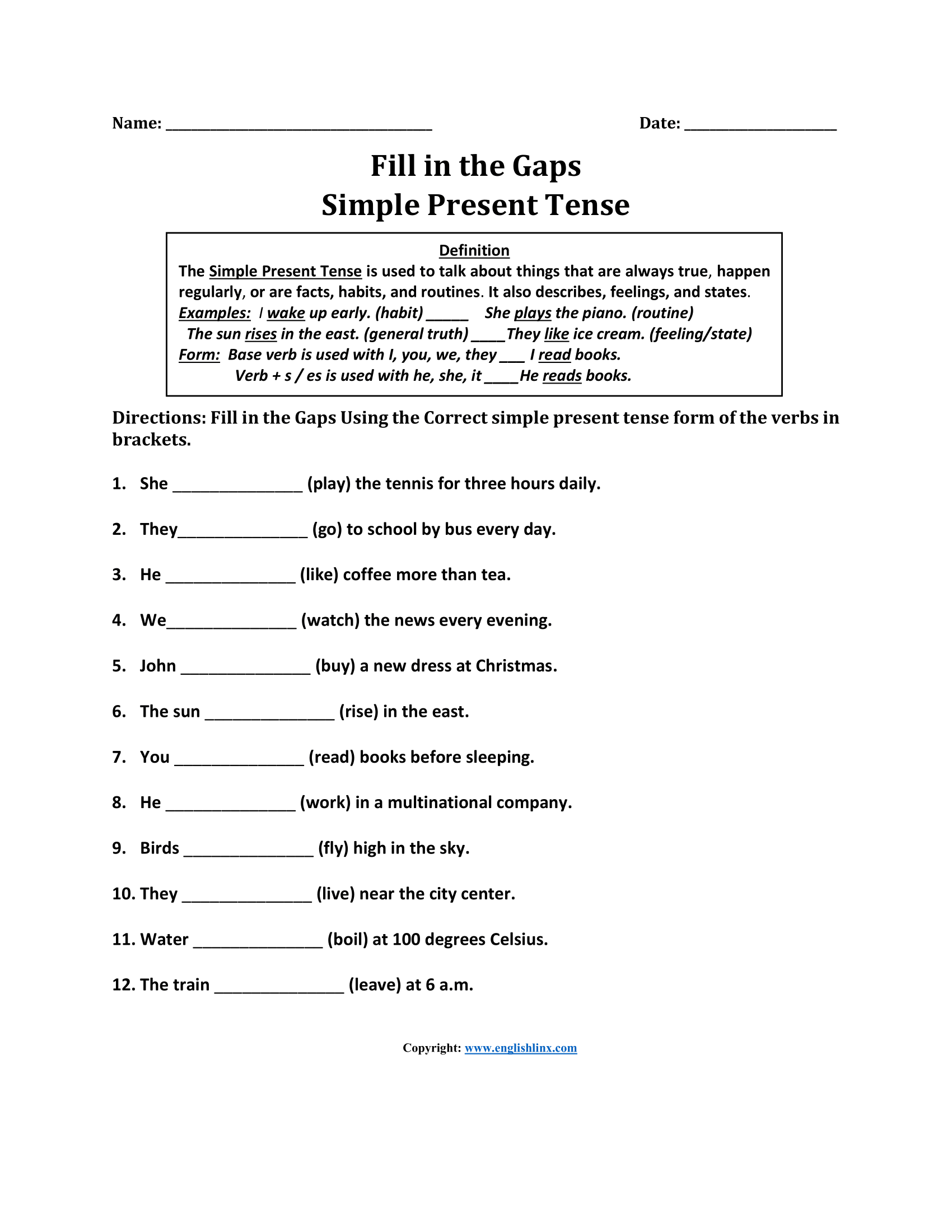 Fill in the Gaps Simple Present Tense Grades 6–12 Worksheet