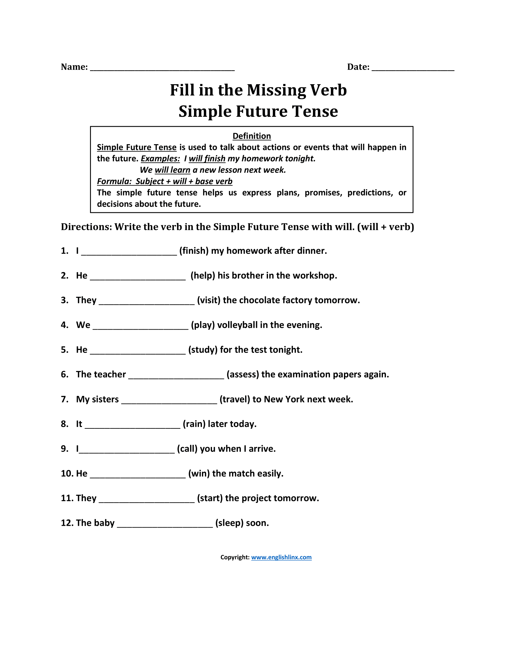 Fill In Missing Verb Simple Future Tense Worksheets