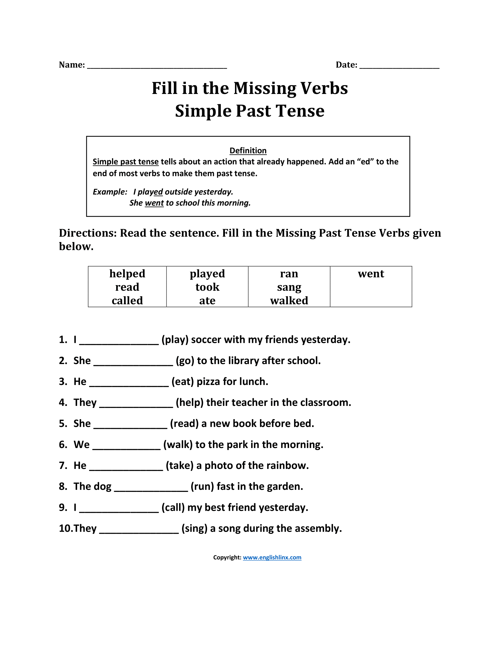 Simple Past Tense Worksheets (Free Printable PDFs) | Grades K–12