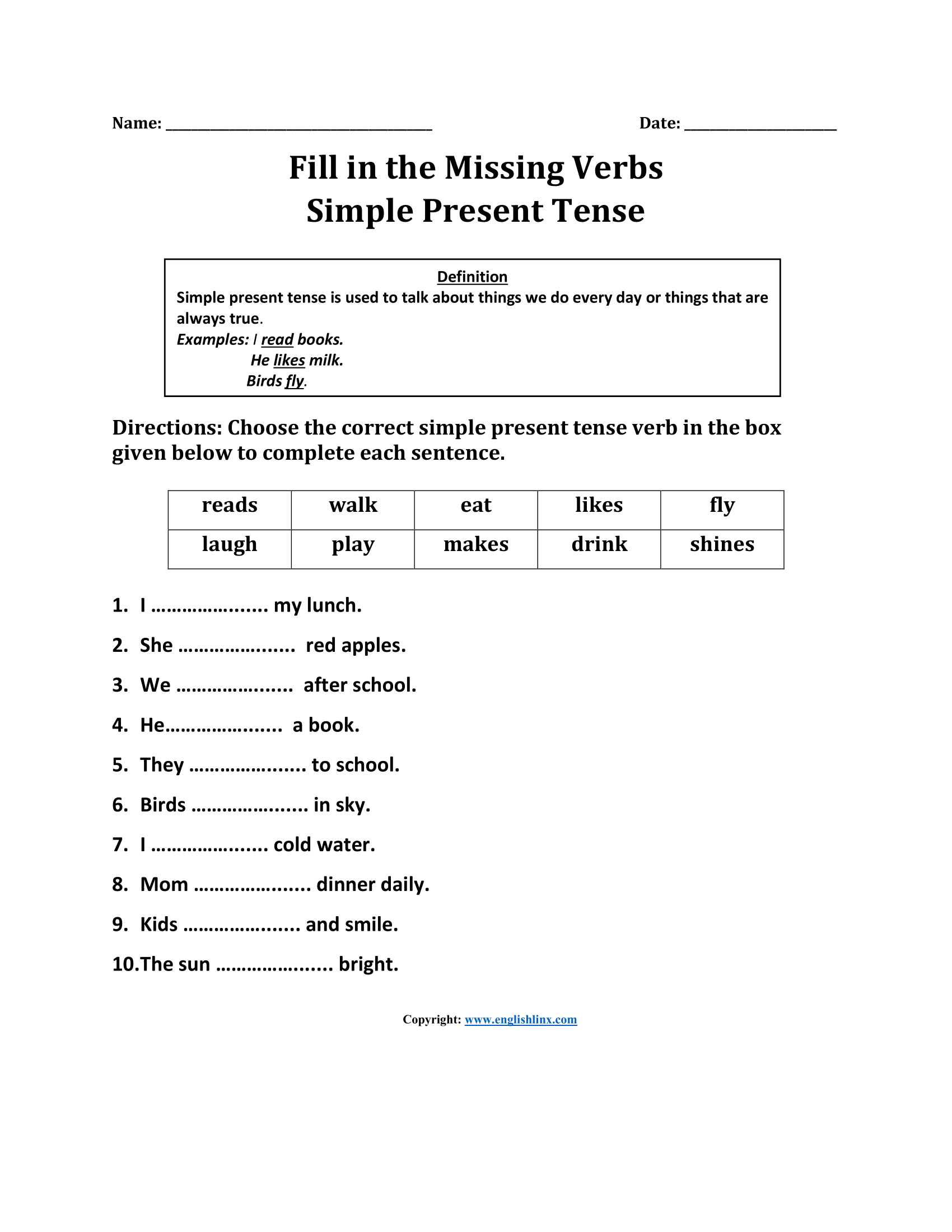 Simple Present Tense Worksheets (Free Printable PDFs) | Grades K–12