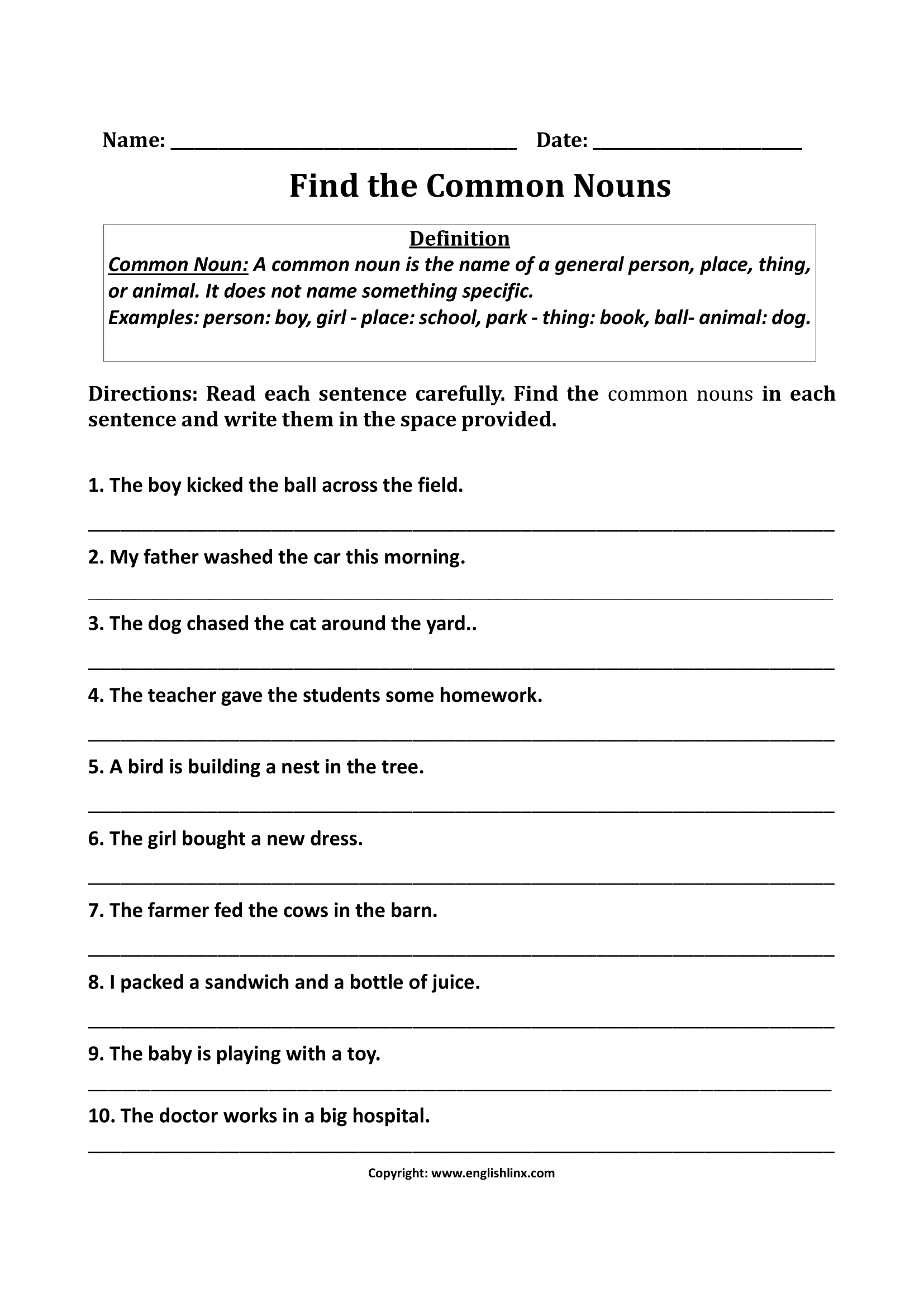 Common Nouns Worksheets | Printable Grammar Practice