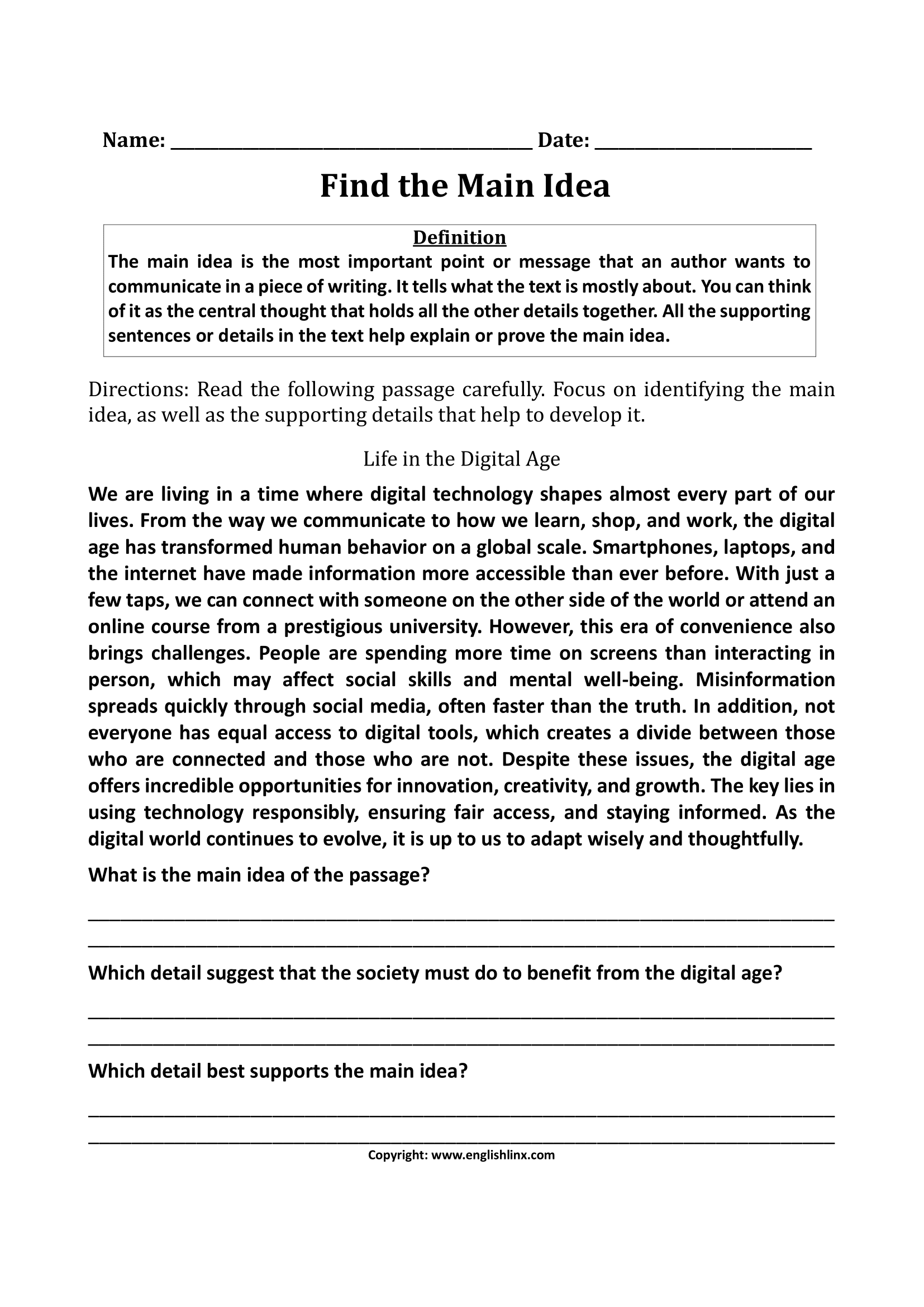 Main Idea Worksheets | Printable Main Idea Practice Worksheets