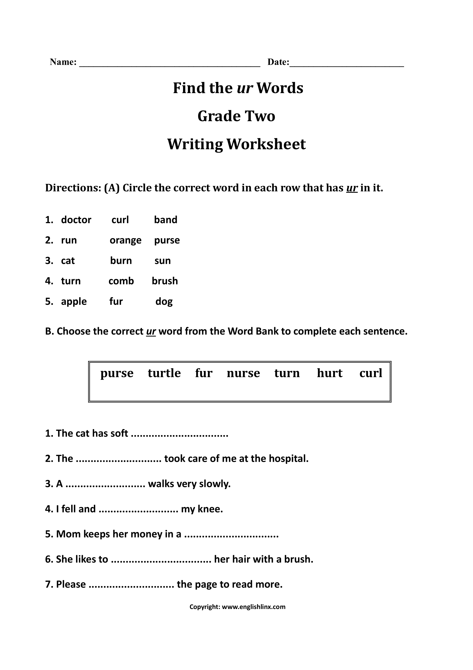 Find the ur Words Worksheet