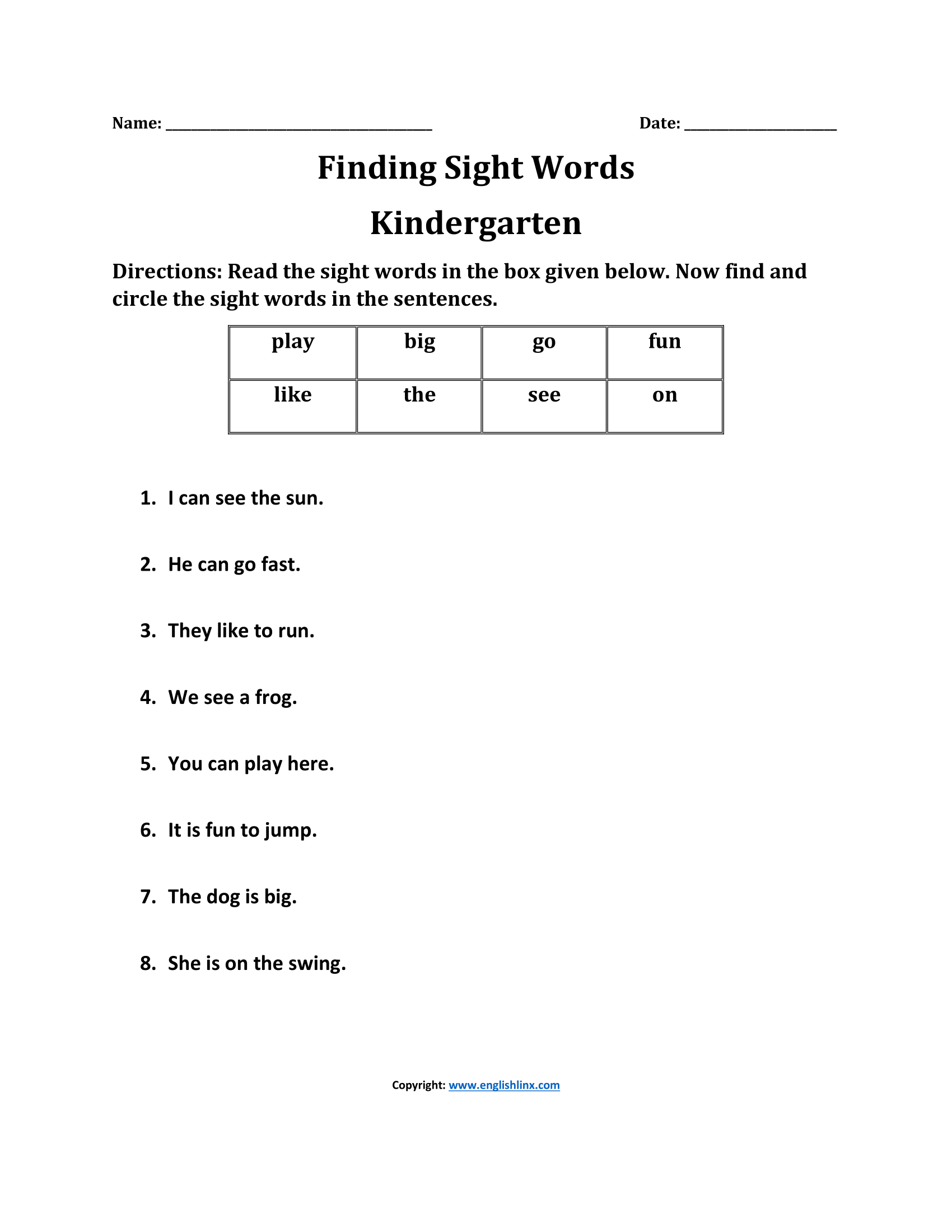 Sight Words Worksheets | Finding Sight Words Kindergarten Worksheets