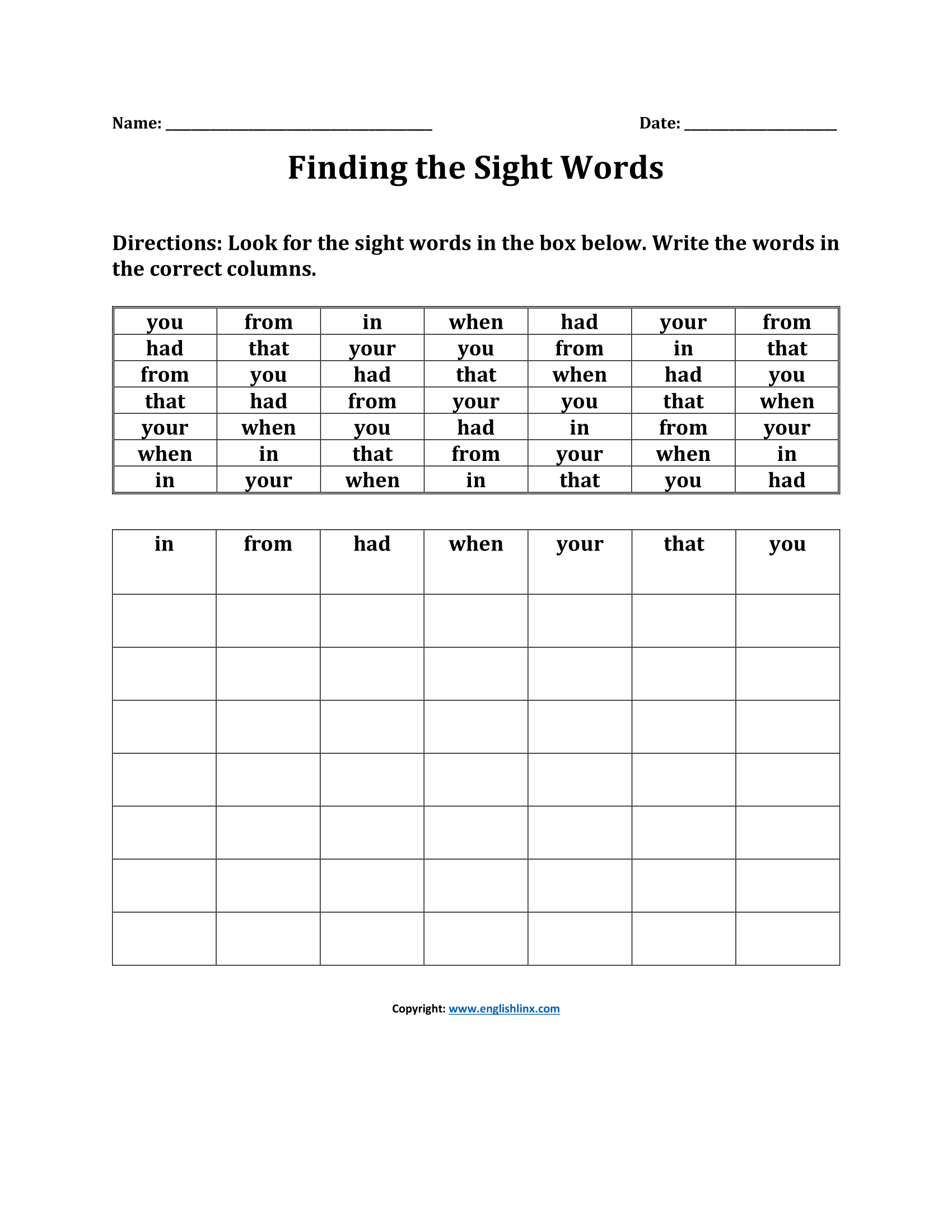 First Grade Sight Words Worksheets | Finding the Sight Words