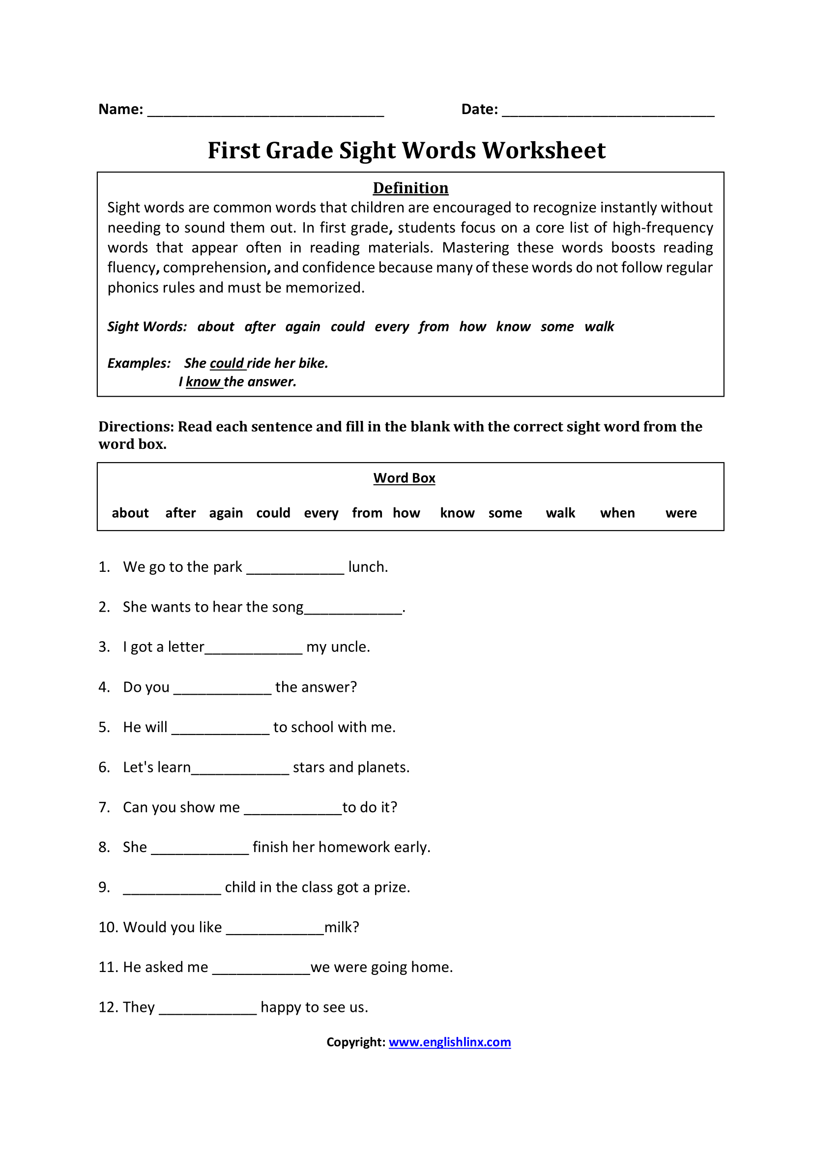 Sight Words Worksheets | First Grade Sight Words Worksheets