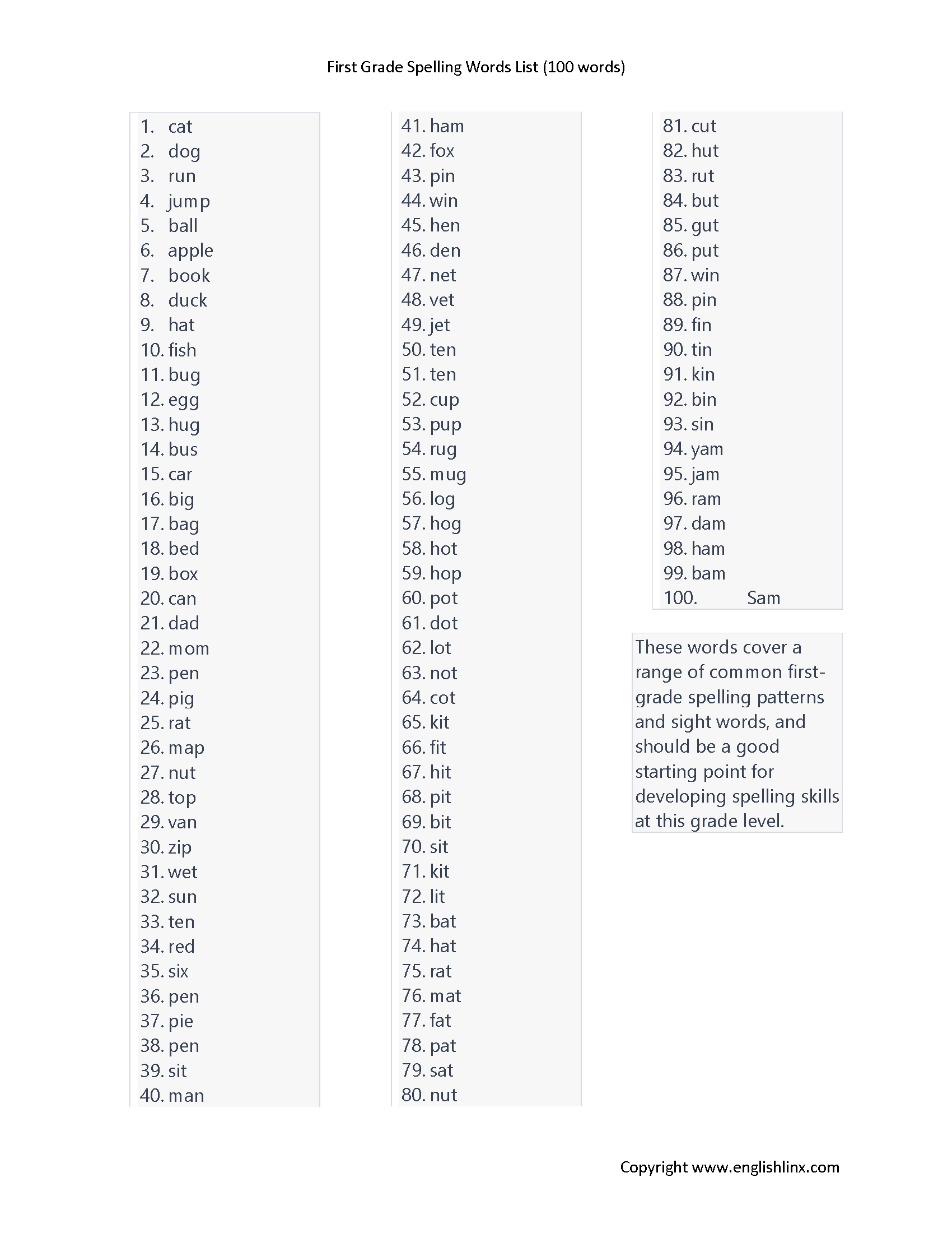 1st Grade Spelling Words List