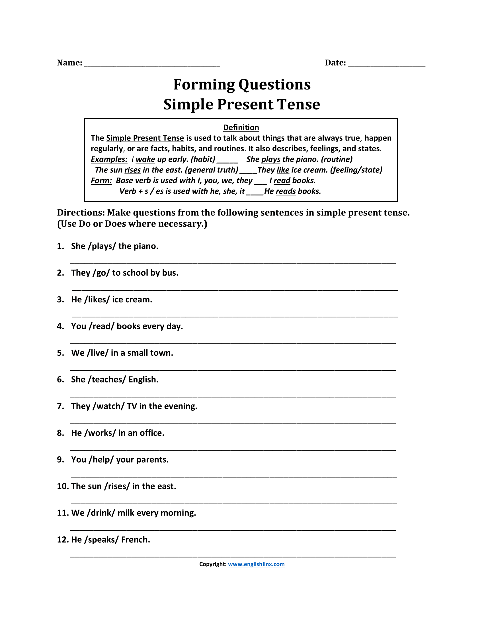 Simple Present Tense Worksheet | Forming Questions