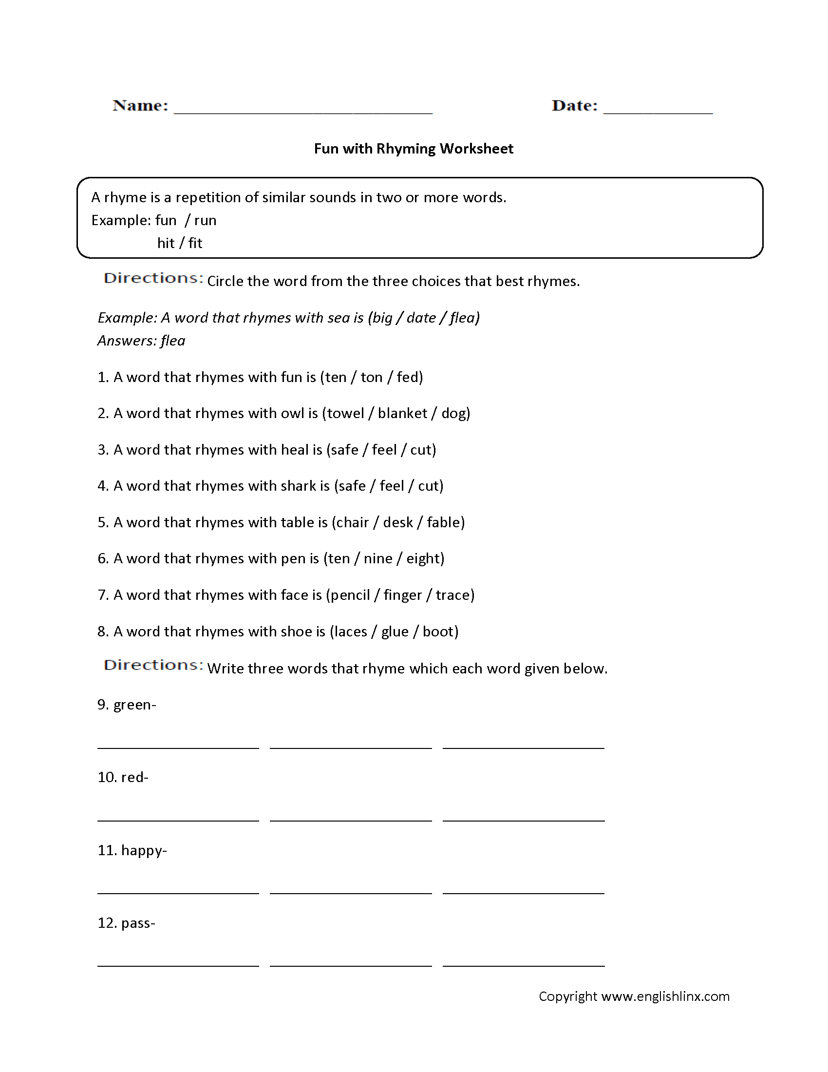 Englishlinx Rhyming Worksheets Englishlinx Rhyming Worksheets