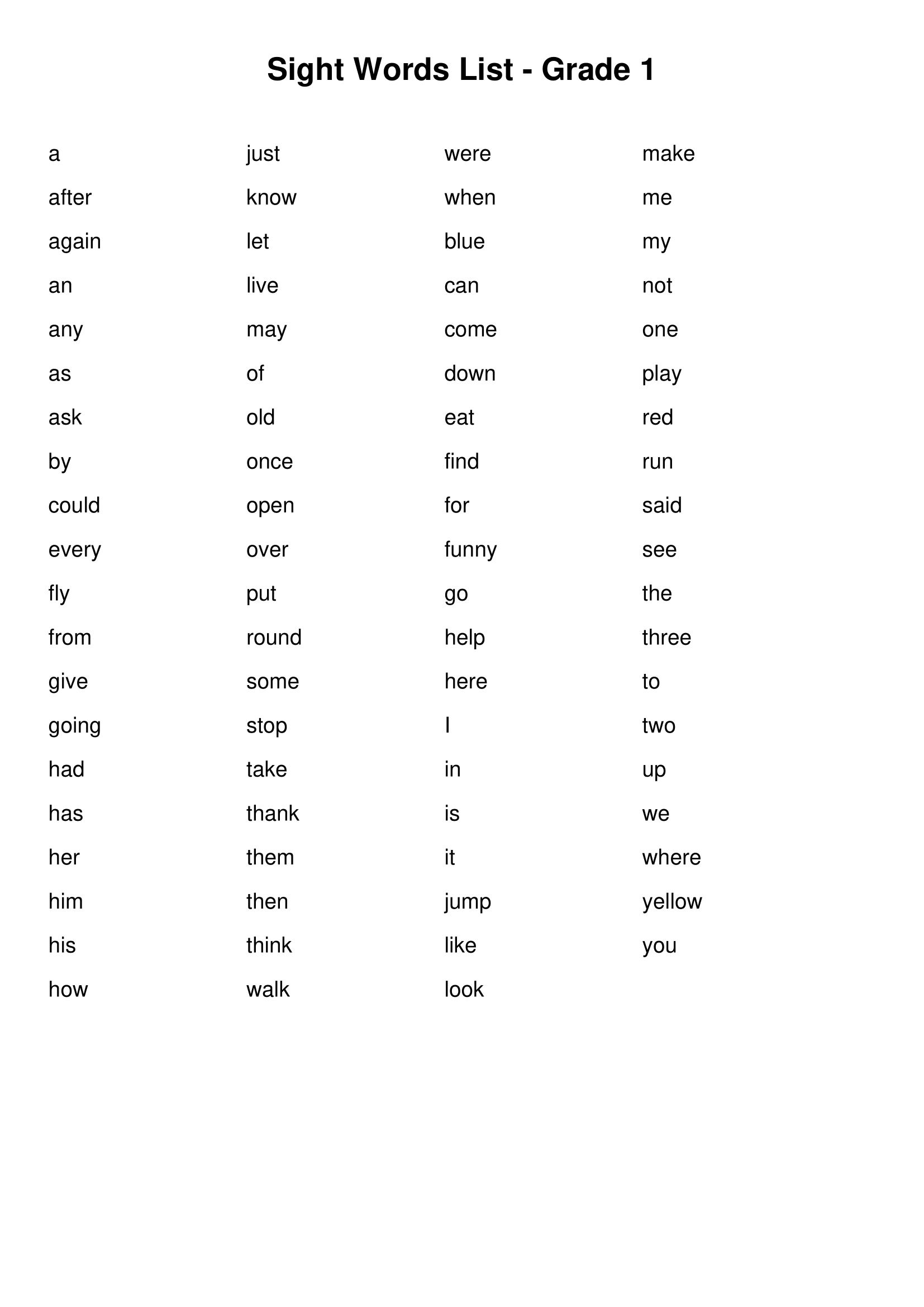 Sight Words Lists | Sight Words List Grade 1