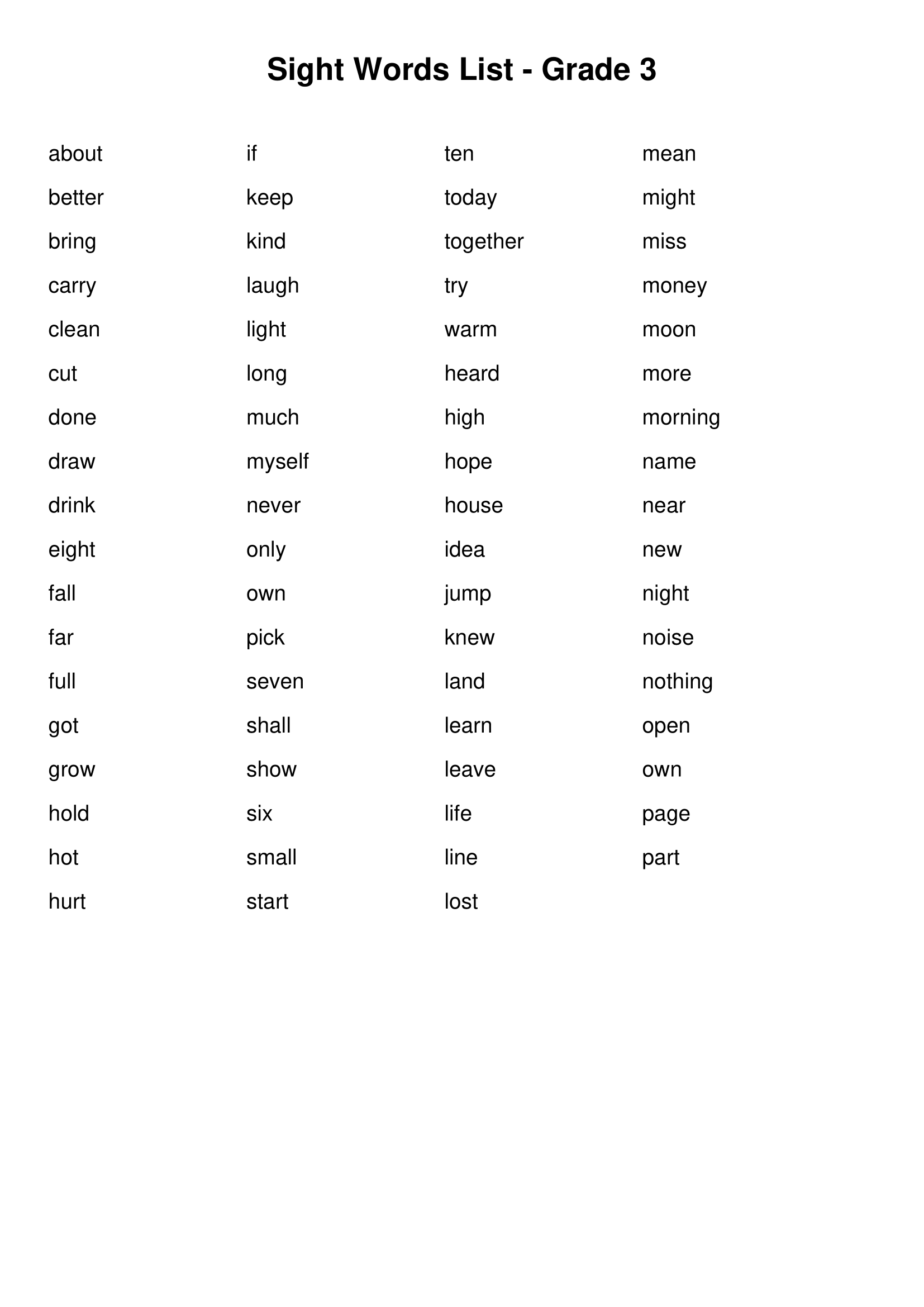 Sight Words Lists | Sight Words List Grade 3