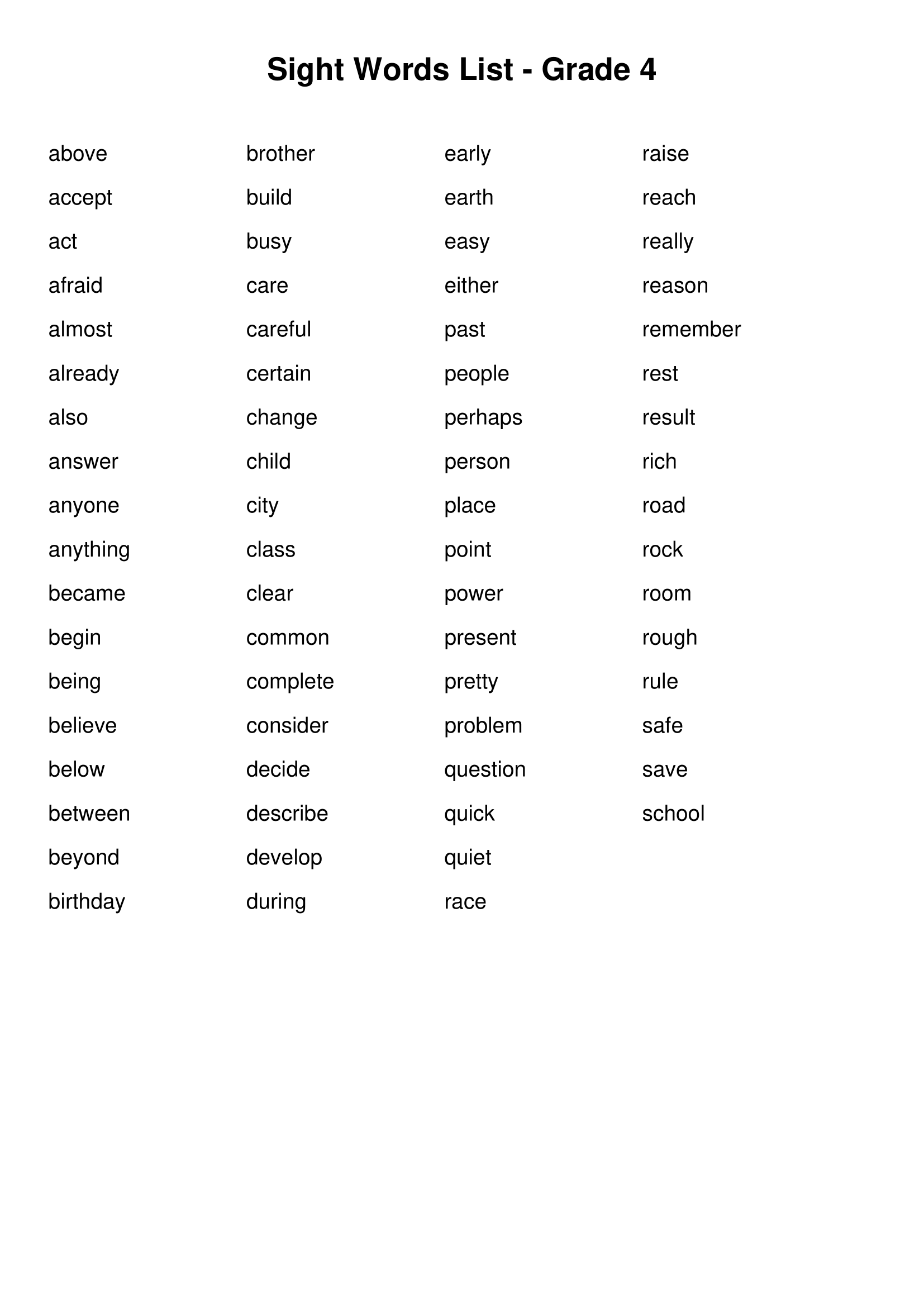 Sight Words Lists | Sight Words List Grade 4