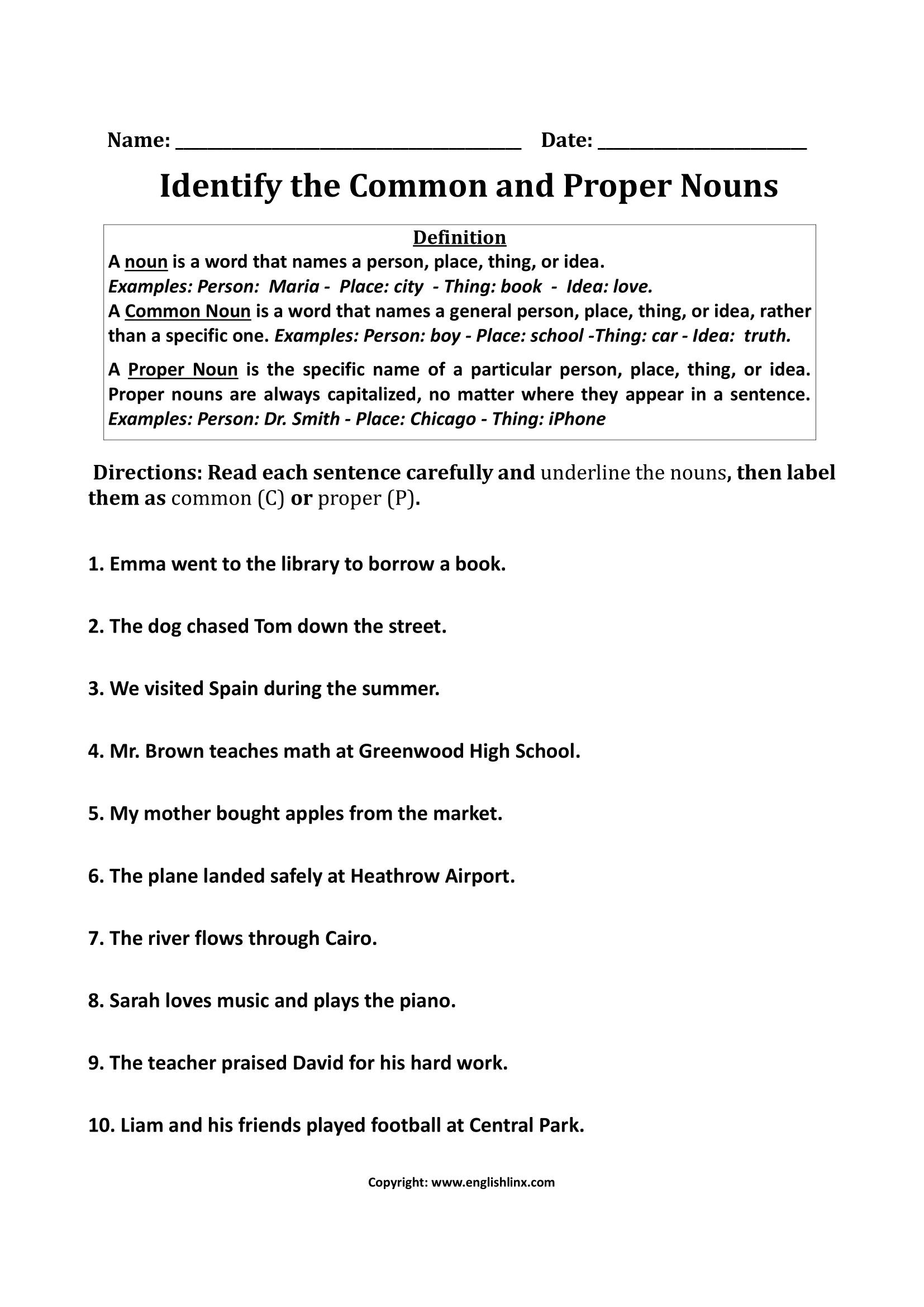 Nouns Worksheets | Proper and Common Nouns Worksheets