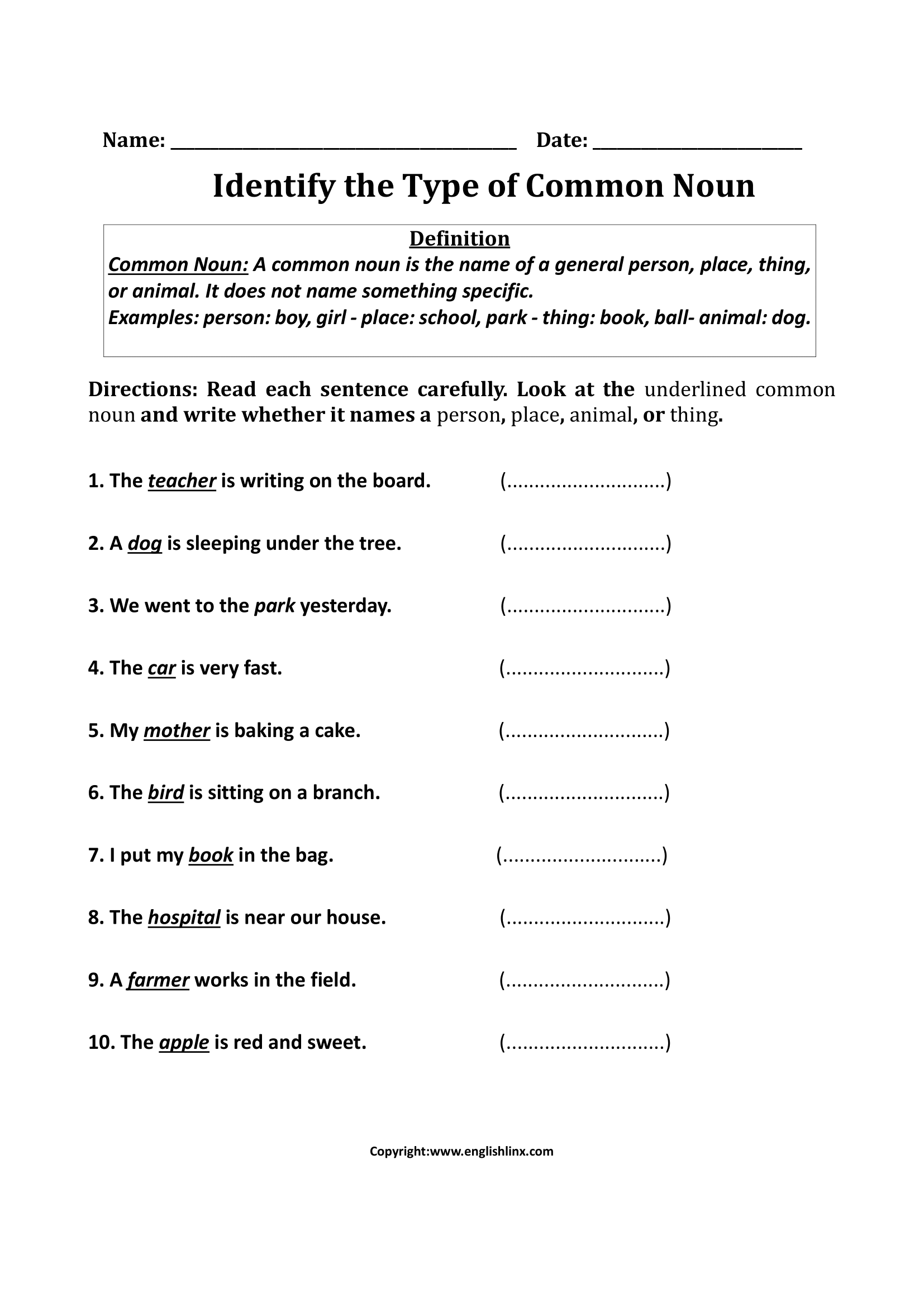 Common Noun Worksheets | Identify the Type of Common Noun Worksheet