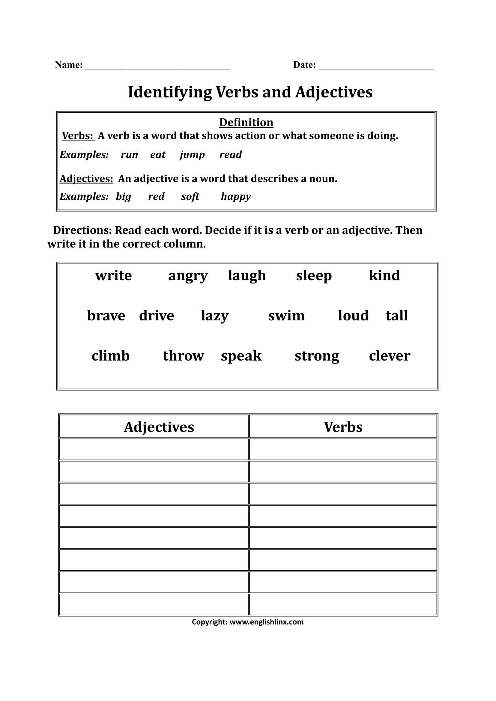3rd Grade Writing Worksheets | Identifying Adjectives and Verbs