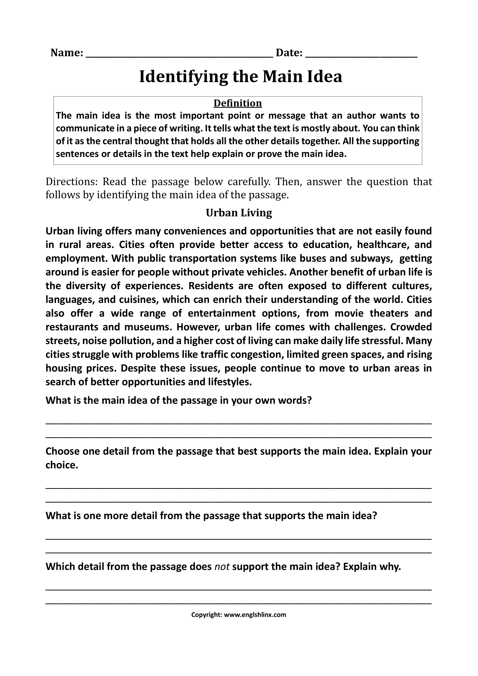 Implied Main Idea Worksheets