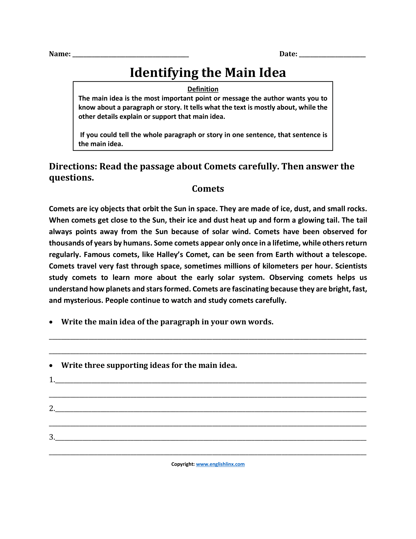 Main Idea Worksheets | Identifying the Main Idea Worksheet